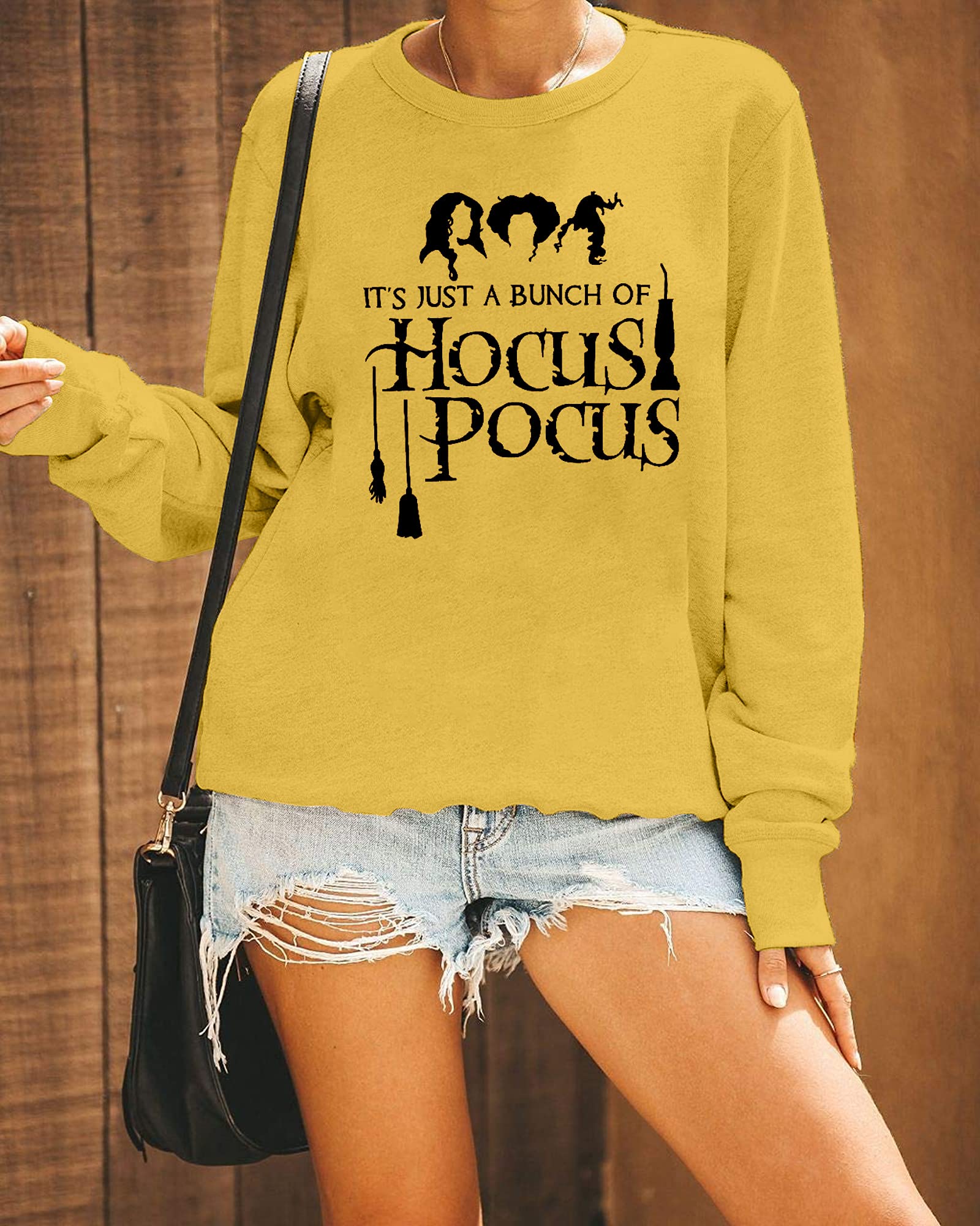 KIDDAD It's Just A Bunch of Hocus Pocus T-Shirt Women Halloween Sanderson Sisters Long Sleeve Crewneck Casual Pullover Tops Yellow