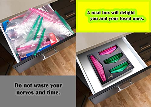 Ziplock Bag Bamboo Storage Organizer for Kitchen Drawer, Food Baggie Dispenser Box, Compatible with Quart Bag, Snack Bag, Sandwich Bag, Gallon Bag, (black)