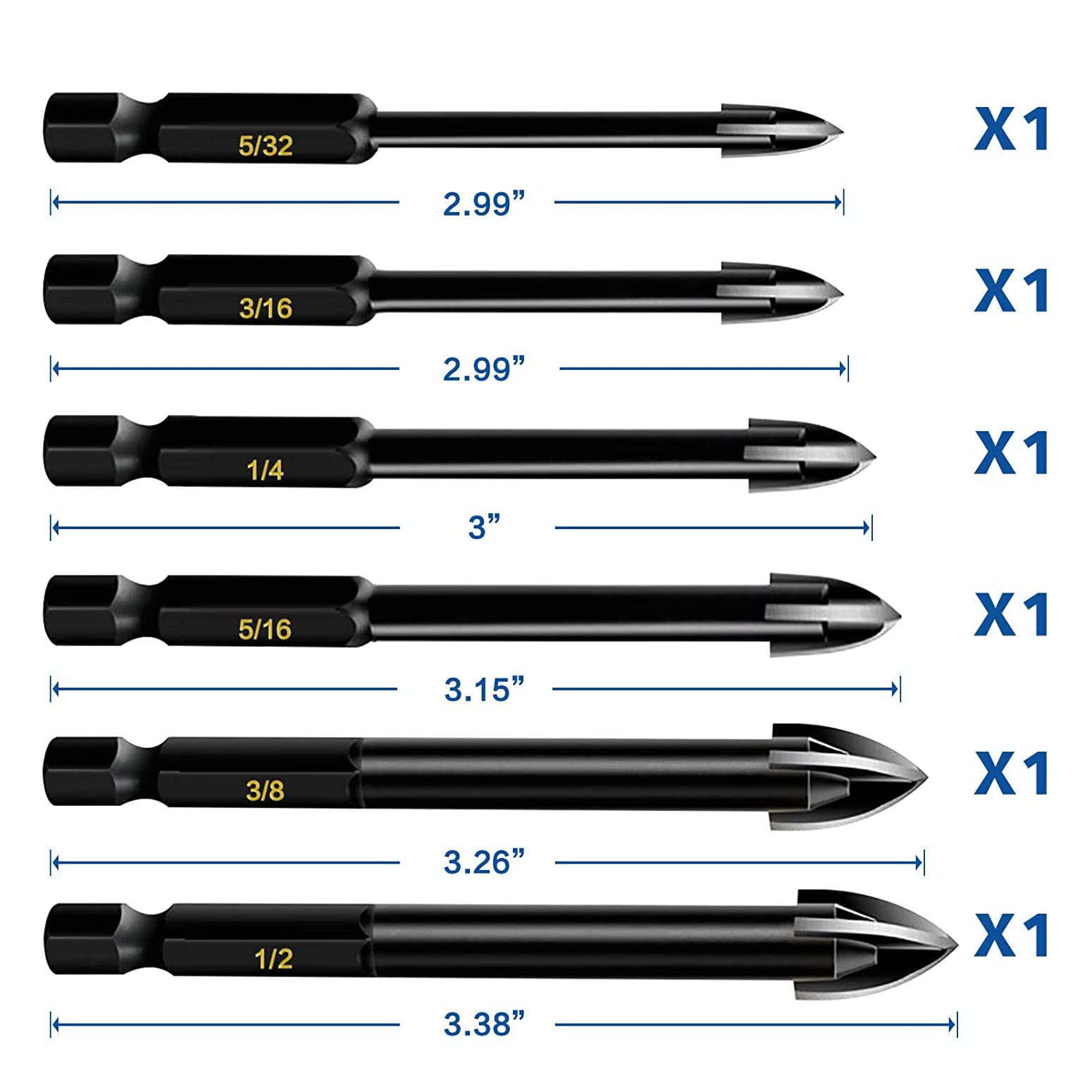 Masonry Drill Bit Set 6 Pcs, Concrete Drill Bit for Glass, Brick, Cement, Concrete, Plastic, Wood, Tile, Industrial Strength Tungsten Carbide Tip, Hexagon Shank, Cross Triangle, 1/4-1/2 inch