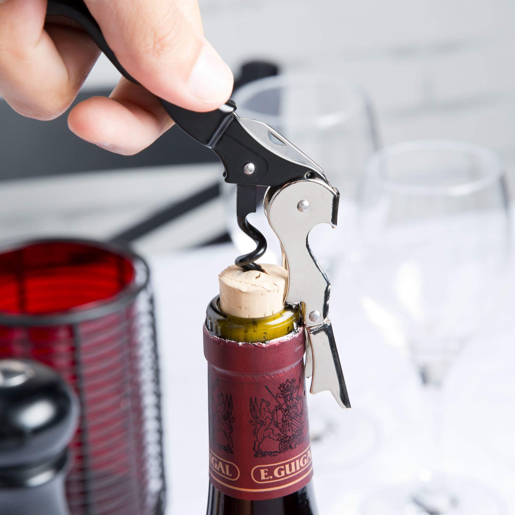 Pulltap's Double-Hinged Waiters Corkscrew, Wine Opener and Foil Cutter, Beer Bottle Opener, Chocolate Brown
