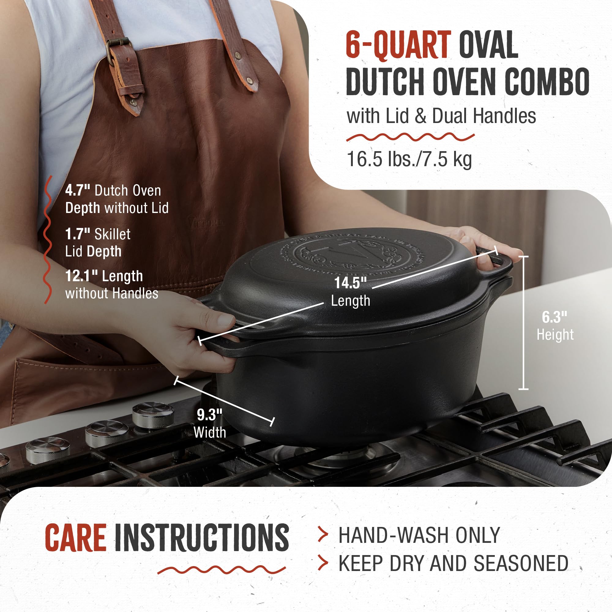 Victoria 6-Quart Cast Iron Oval Dutch Oven, Combination Combo Cooker Pot and Skillet, Bread Baker, Made in Colombia, 2-Piece Set