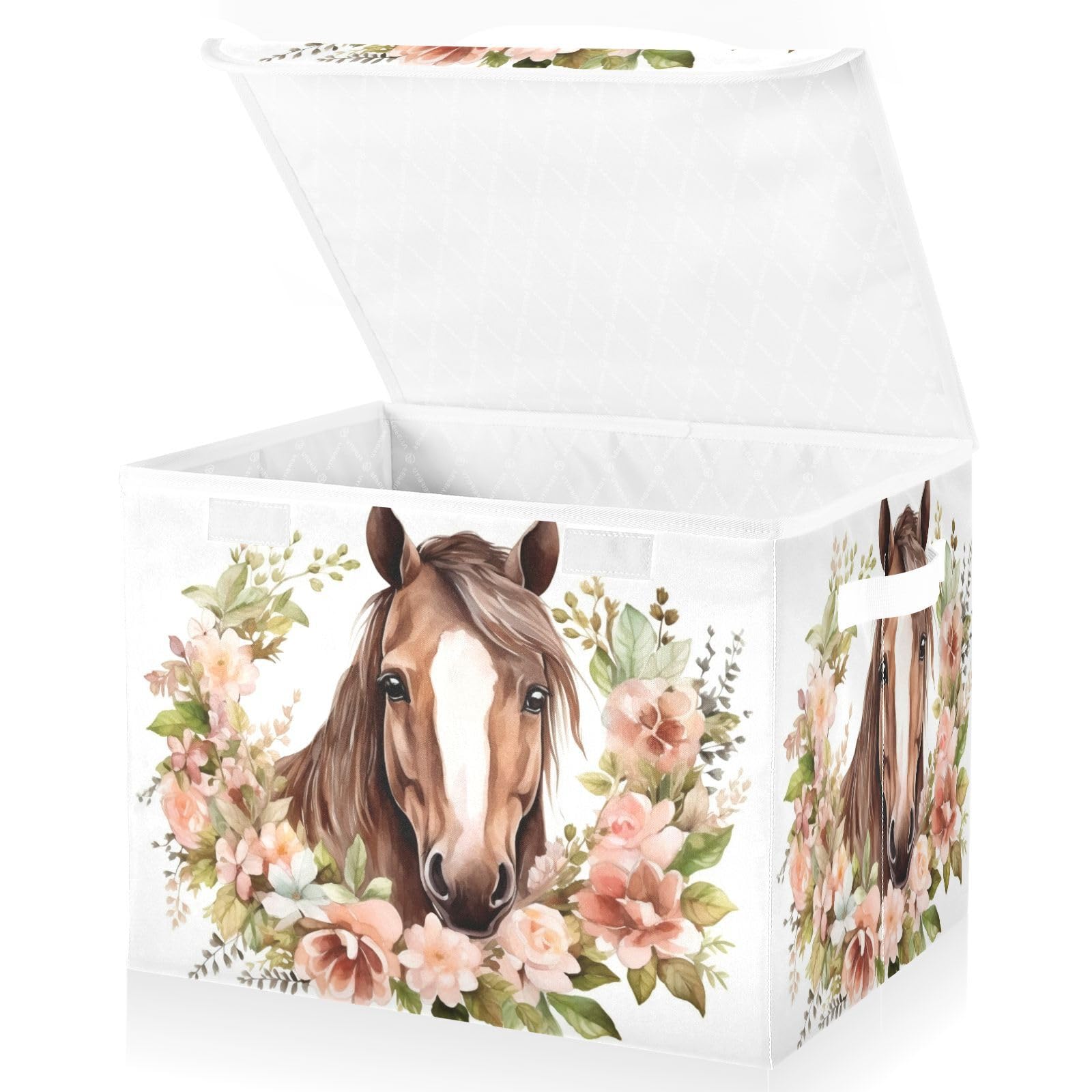 senya Baskets Collapsible Storage Bins with Lids, Horse Head Flower Leaves Storage Boxes Clothes Baskets for Organizing, B06D22020