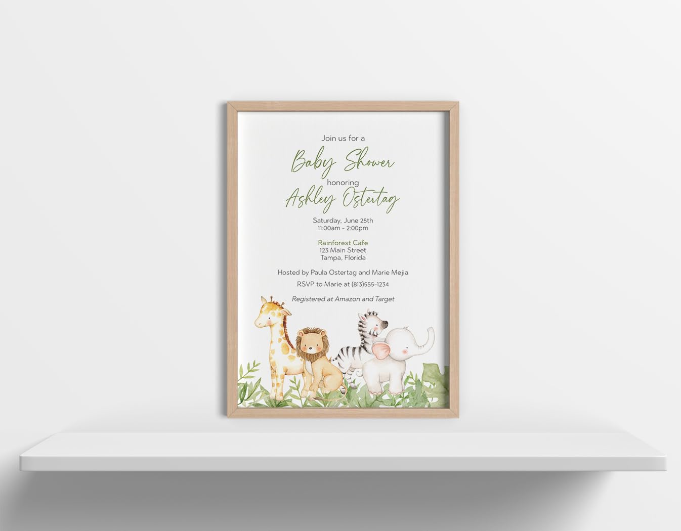 Jungle Animals Baby Shower Invitation Unisex Safari Invites Giraffe Lion Born to Be Wild Elephant Zebra Printed Customized Cards (12 Count)