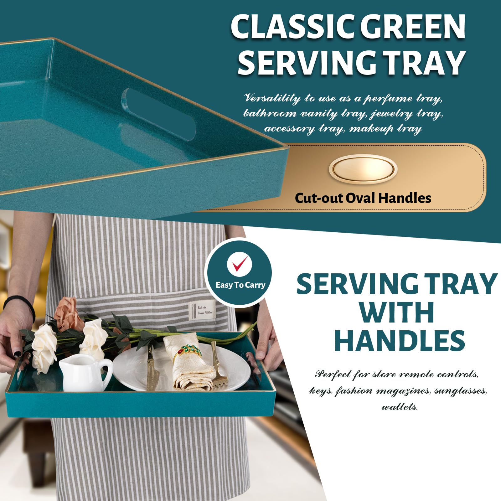 MAONAME Teal Serving Tray with Handles, Modern Decorative Tray for Coffee Table, Plastic Rectangular Tray for Ottoman, Bathroom, Decor, 15.75β x 10.2β x1.57