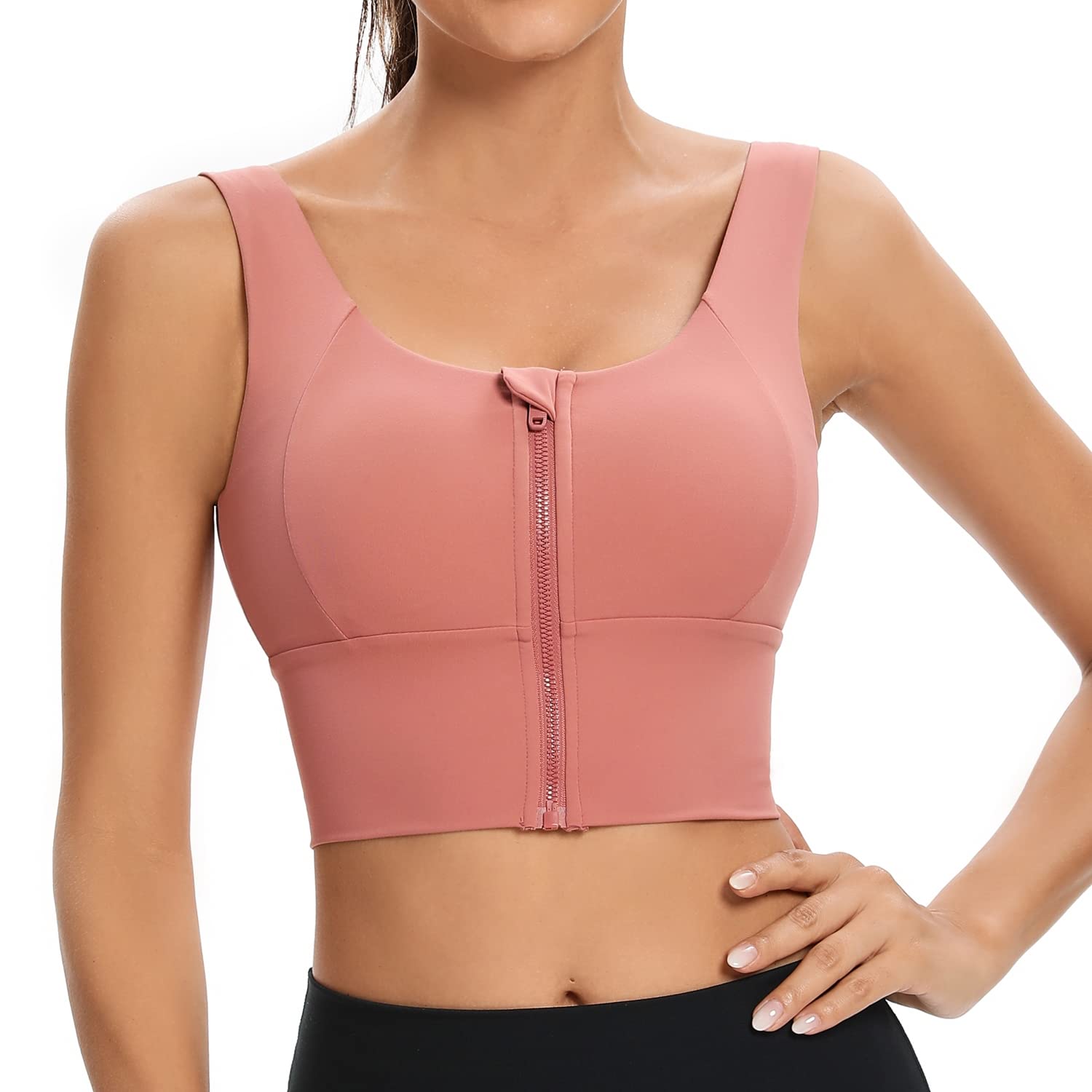 Nanomi Beauty Zip Front Closure Sports Bras for Women Removable Padded Yoga Workout Tank Top(Coral-Pink,Medium)