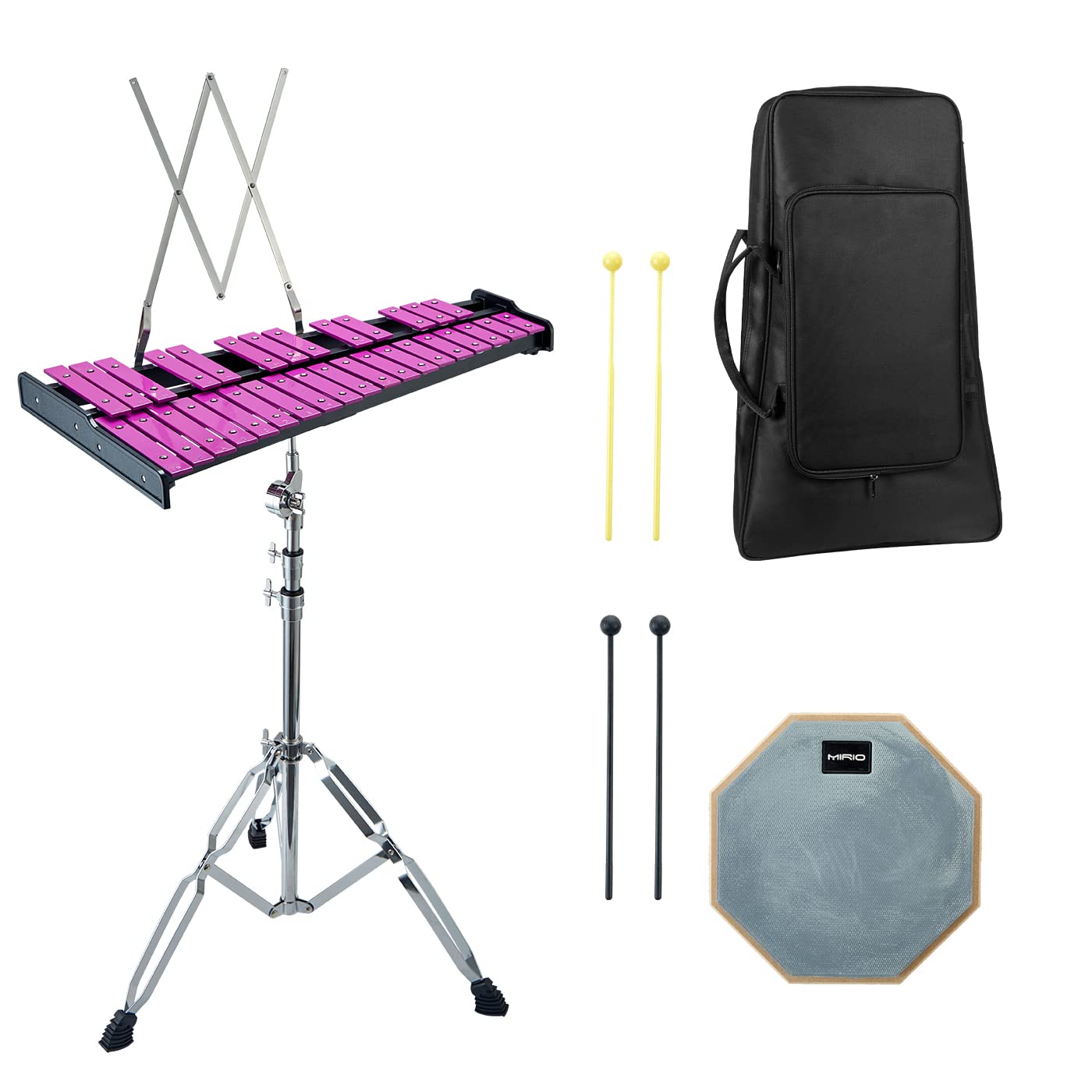 MIRIO Glockenspiel 32 Notes, Violet Xylophone Percussion Bell Kit for Student, Adult, with 8" Drum Practice Pad, Mallets, Adjustable Height Frame, Music Stand and Carrying Case