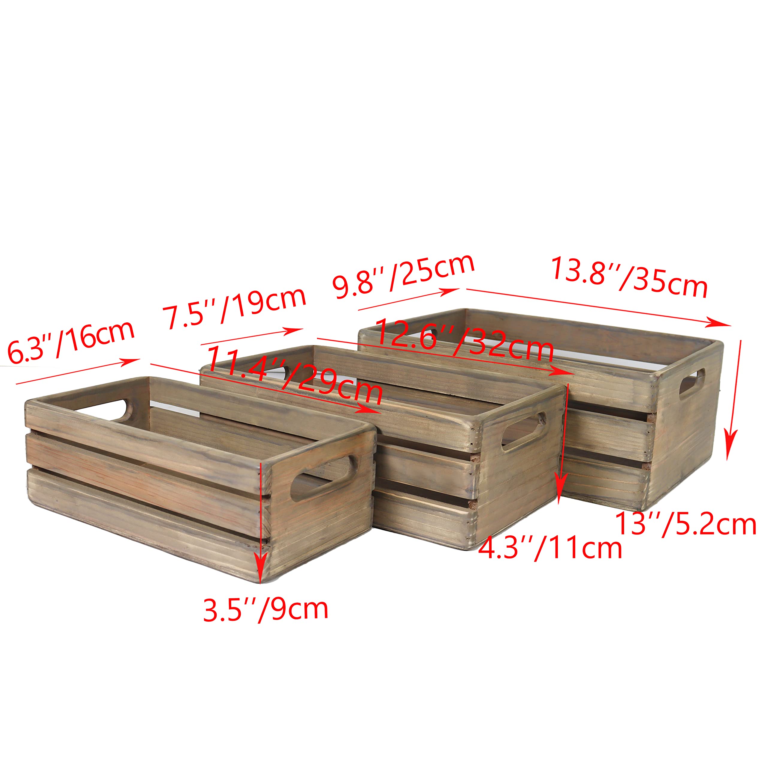 LEKUAIJIA Set of 3 Wooden Storage Crate,Wooden Crate with Cutout Handles,Rustic Nesting Box Basket Bins,Laundry Crates,Fruits & Vegetables Boxes