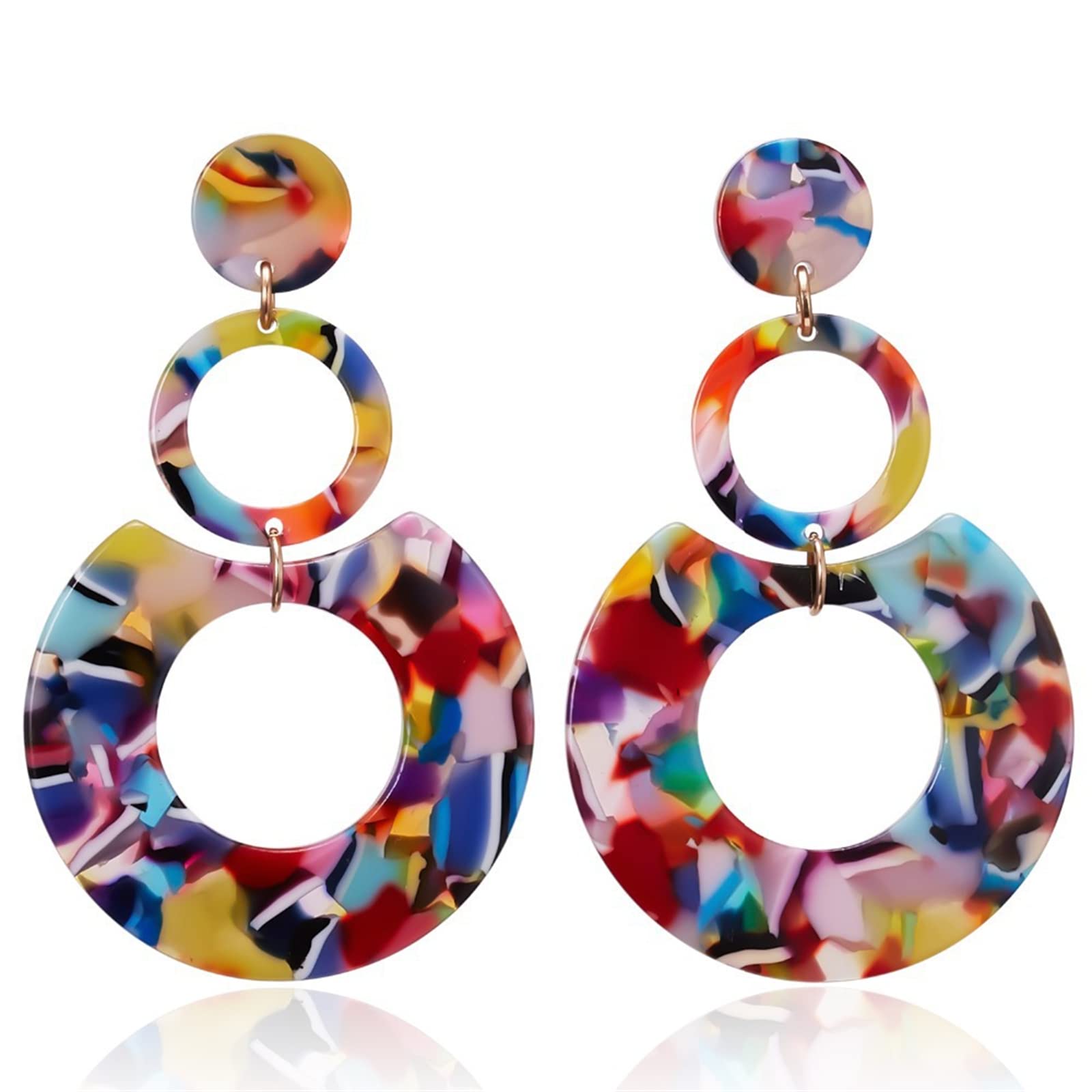 ONLYJUMP Acrylic Earrings for Women Retro Simple Multicolor Resin Geometric Square Hollow Earrings Statement Dangles Drop Nightclub Earrings Vintage 80s 90s Party Accessories (Colorful Round)