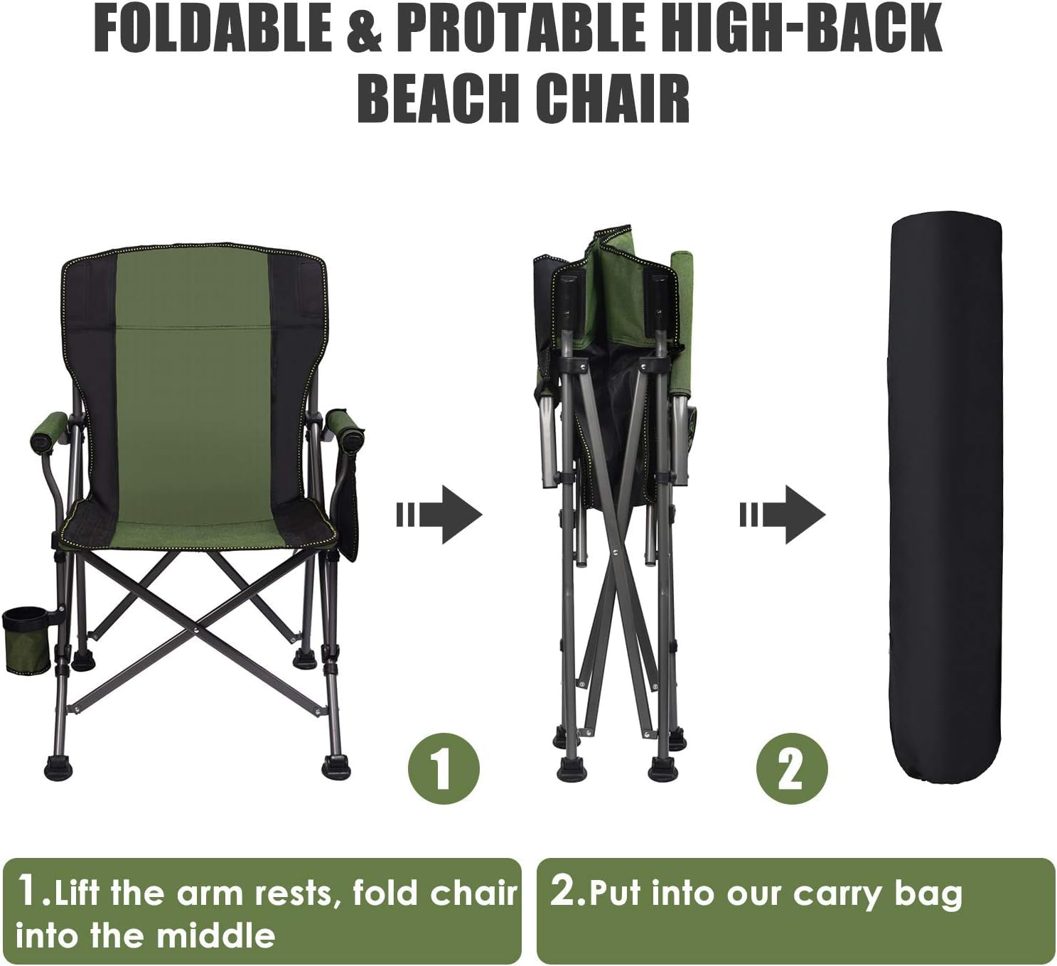 LEADALLWAY Camping Chairs for Heavy People Oversized Outdoor Chairs with Cup Holder and Storage Bag