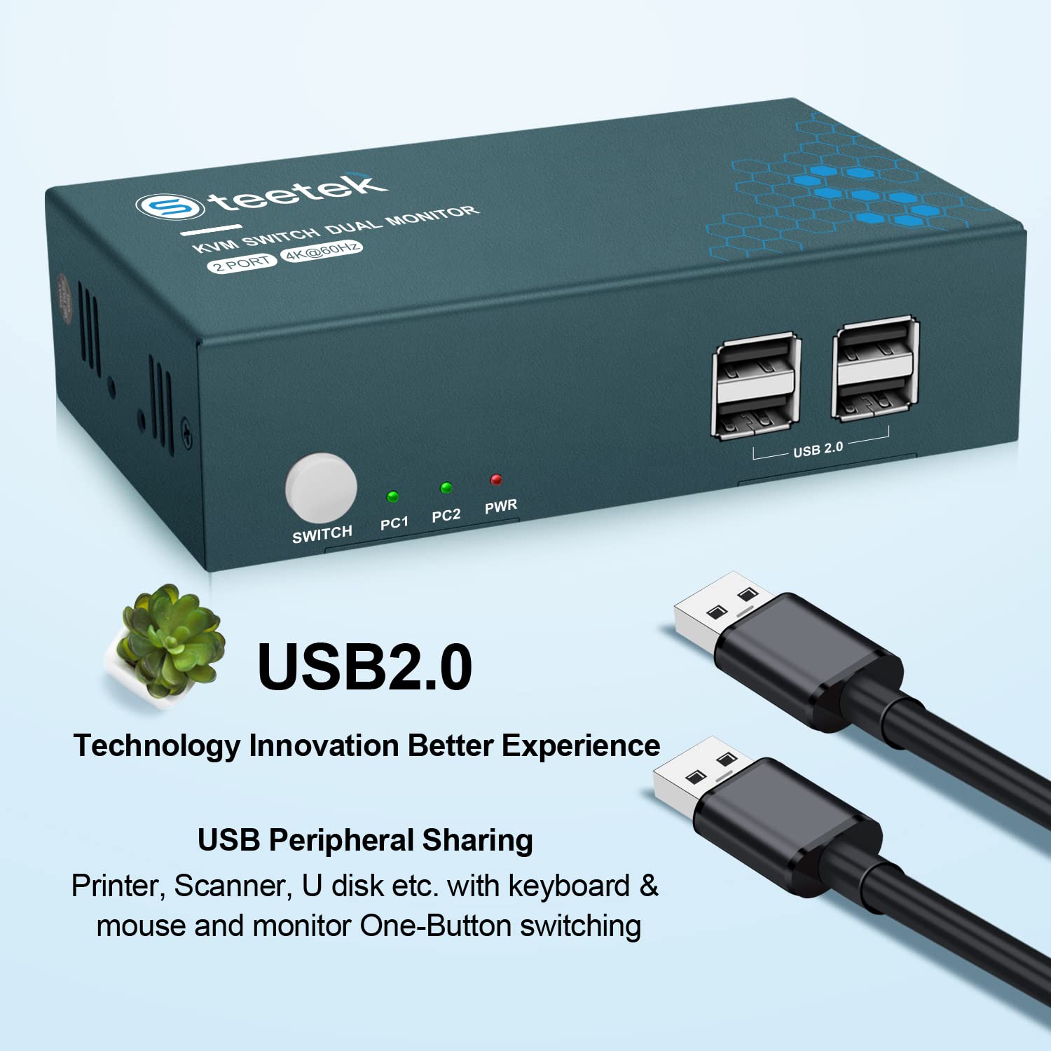 Steetek USB 2.0 Kvm Switch Dual Monitor HDMI 2 Port, Kvm Switch 4K@60Hz 2 Computers Share 2 Monitors and 1 Set Keyboard Mouse, HDMI Kvm Switch Dual Display, Button Switch with 2 USB and 4 HDMI Cable