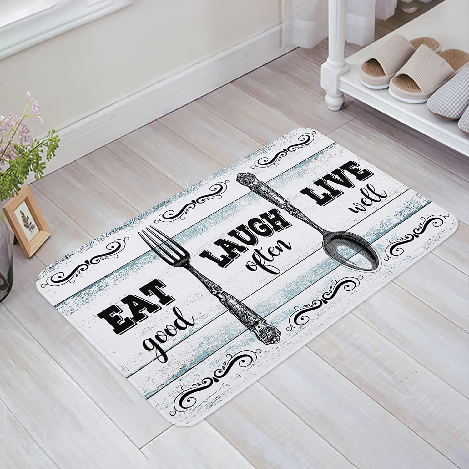 Kitchen Tableware Decorative Door Rug, Absorbent Low Profile Front Door Mats, Machine Washable Door Rug for Bathroom Kitchen 16 x 24 inches, Vintage Fork Spoon Eat Laugh Live