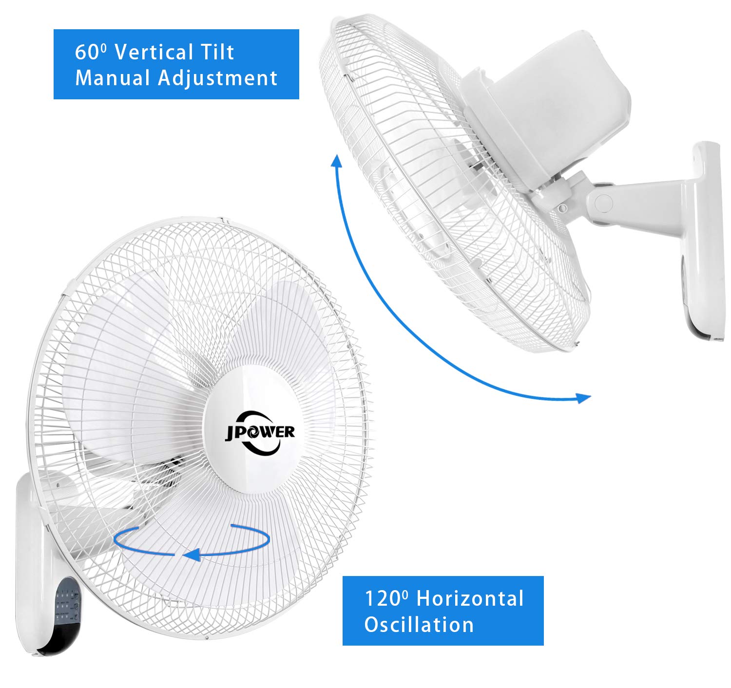 JPOWER 16 Inch Wall Mount Fan With Remote,2400CFM Mountable Oscillating Fan With 3 Speed Settings,Adjustable Tilt