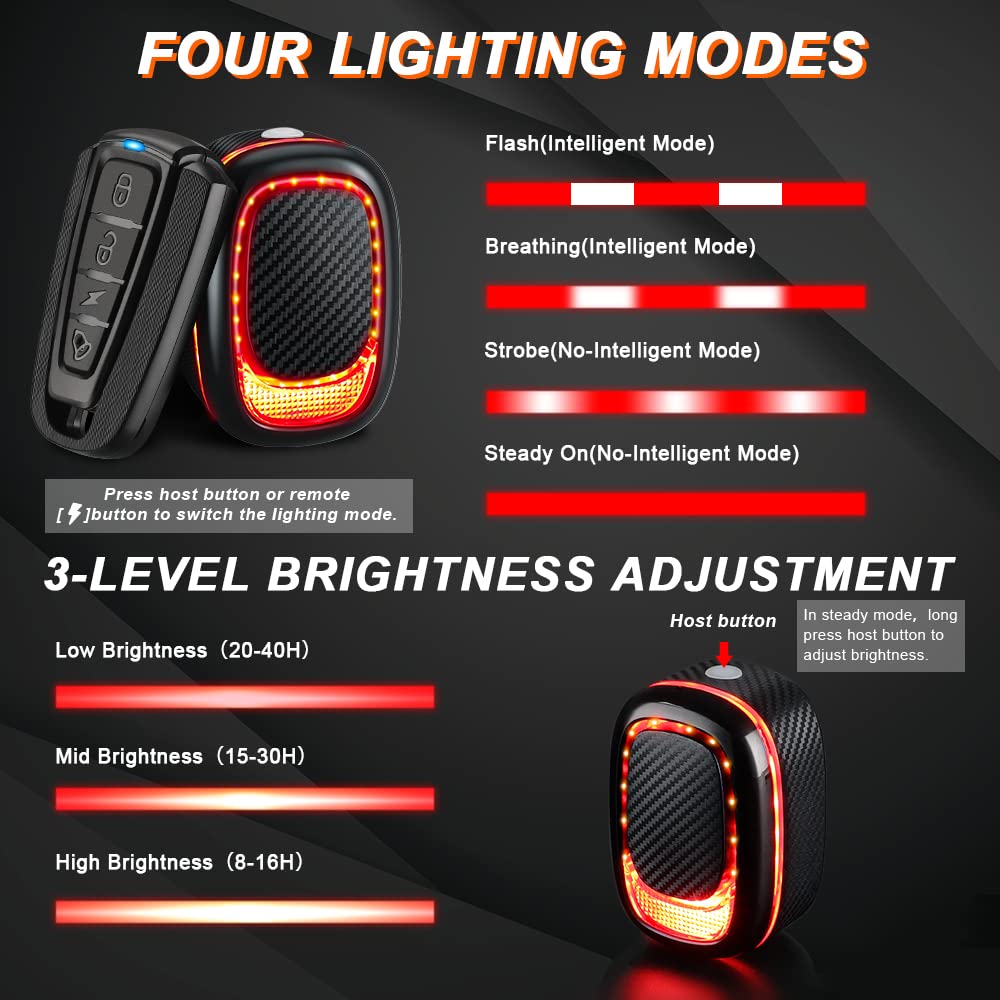 ONVIAN Bicycle Tail Lights with 115dB Bike Alarm 2 Remotes,USB Rechargeable Automatic Brake Sensing Rear Lights for Night Riding 4 Lights Modes IPX5 Waterproof Bike Hron Volume Sensitive Adjustable