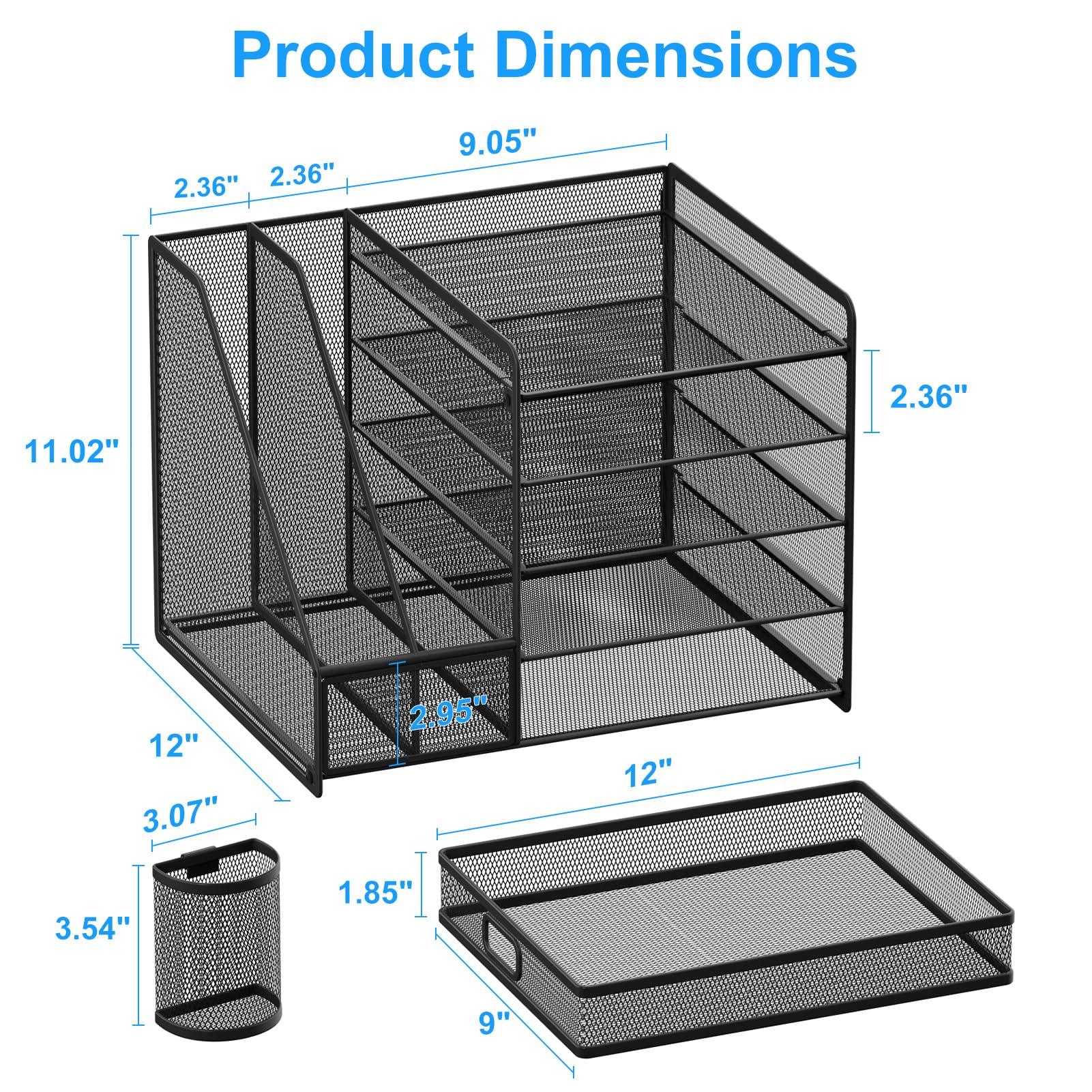 Lavatino Desk Organizer with File Holder, 5-Tier Paper Letter Tray Organizer with Sliding Drawer and 2 Pen Holder, Mesh Desktop File Organizer for Office Supplies (Black)