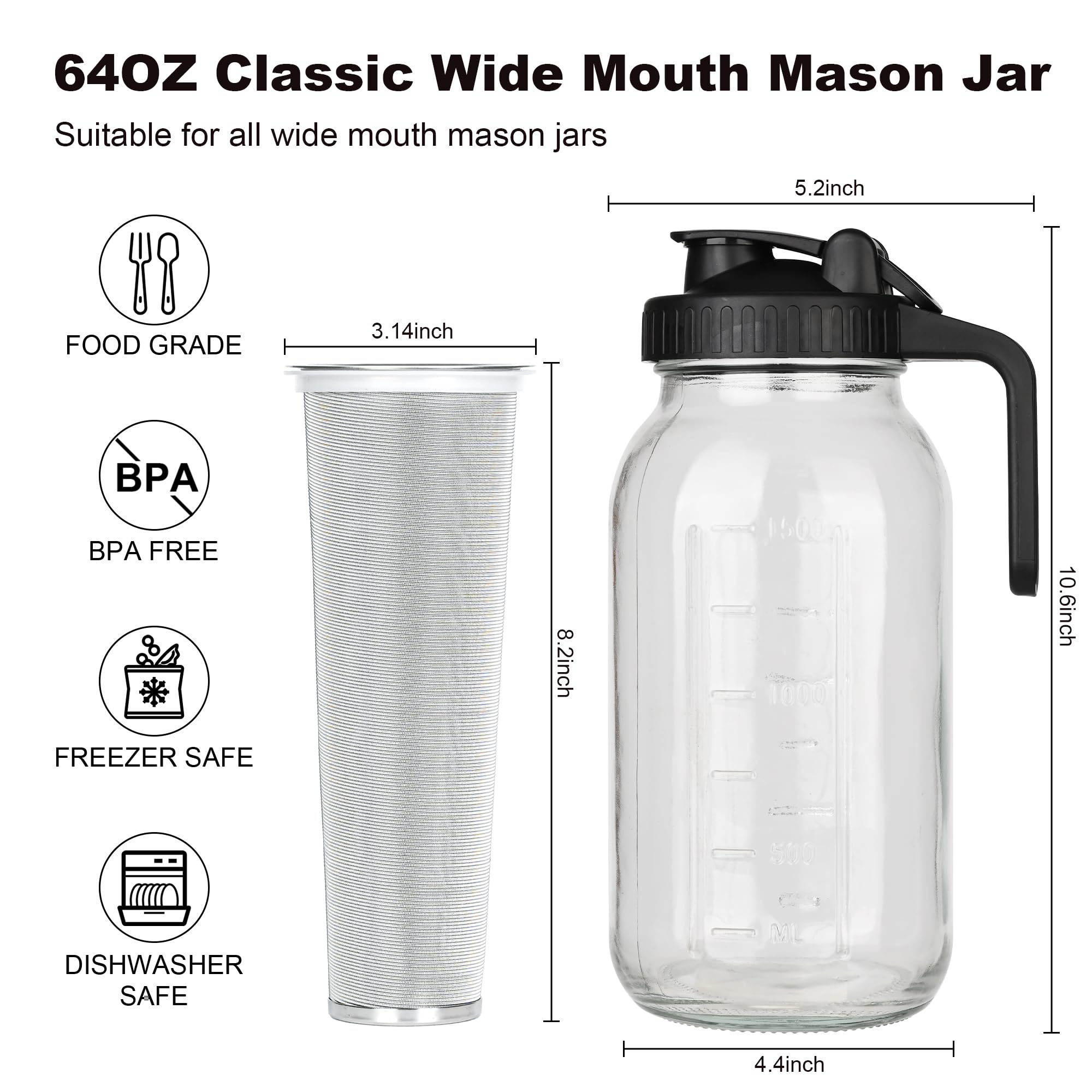 KMIGRUAN Cold Brew Coffee Maker-64oz (2 Quart) Durable Glass Mason Jar Cold Brew Pitcher, Flip Cap Lid with Handle,Stainless Steel Super Dense Filter for Iced Brew Coffee, Iced Tea, Sun Tea