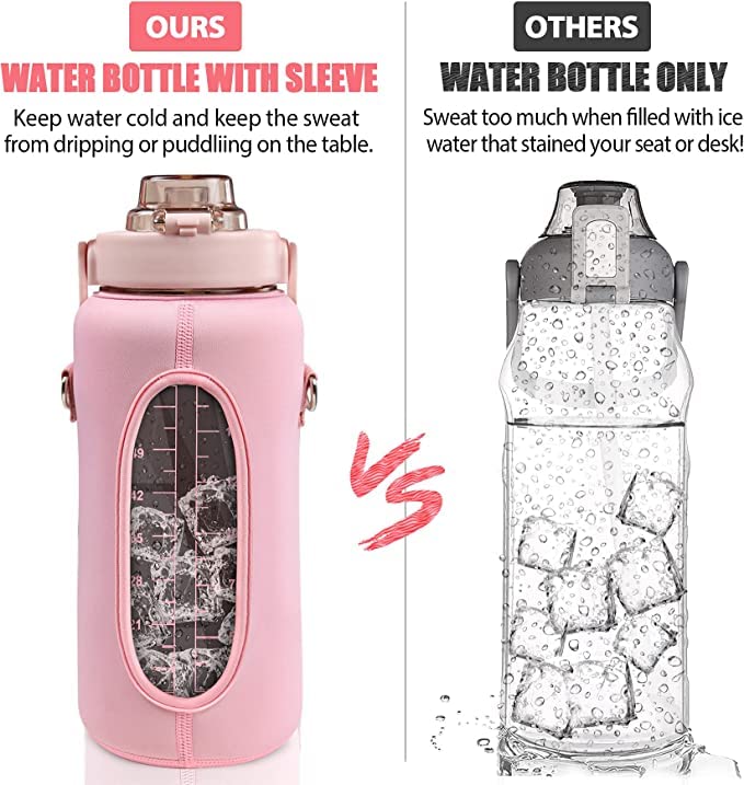 Motivational Water Bottle - Time Stamped BPA-Free Inspirational Water Bottle with Sleeve and Carry Strap - Reusable Drink Container w/ Handle - Sports Water Bottle with Pop-Up Straw - (70oz - Pink)