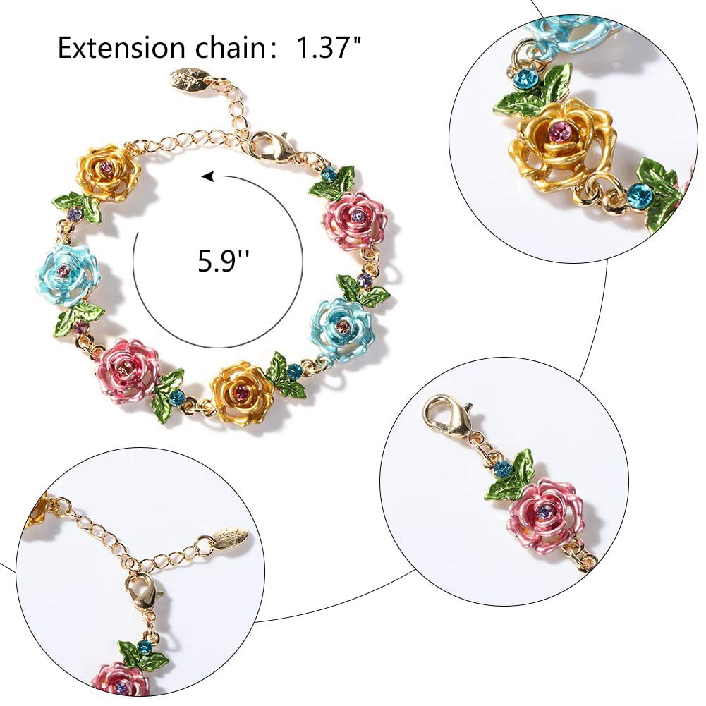 Puadun Elegant Cloisonne Flower and Leaf Bangle Bracelet with Sparkling Rhinestone Charm and Adjustable Extension Chain - Gift for Women, Comes in Gift Box