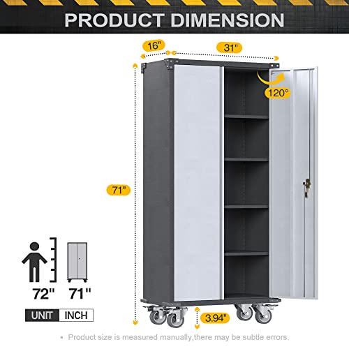 SUXXAN 71" Tall Metal Storage Cabinets with Doors and 4 Adjustable Shelves, Lockable Rolling Cabinet Silver&Black,Home Office Metal Utility Cabinet for Garage Kitchen, Assembly Required…