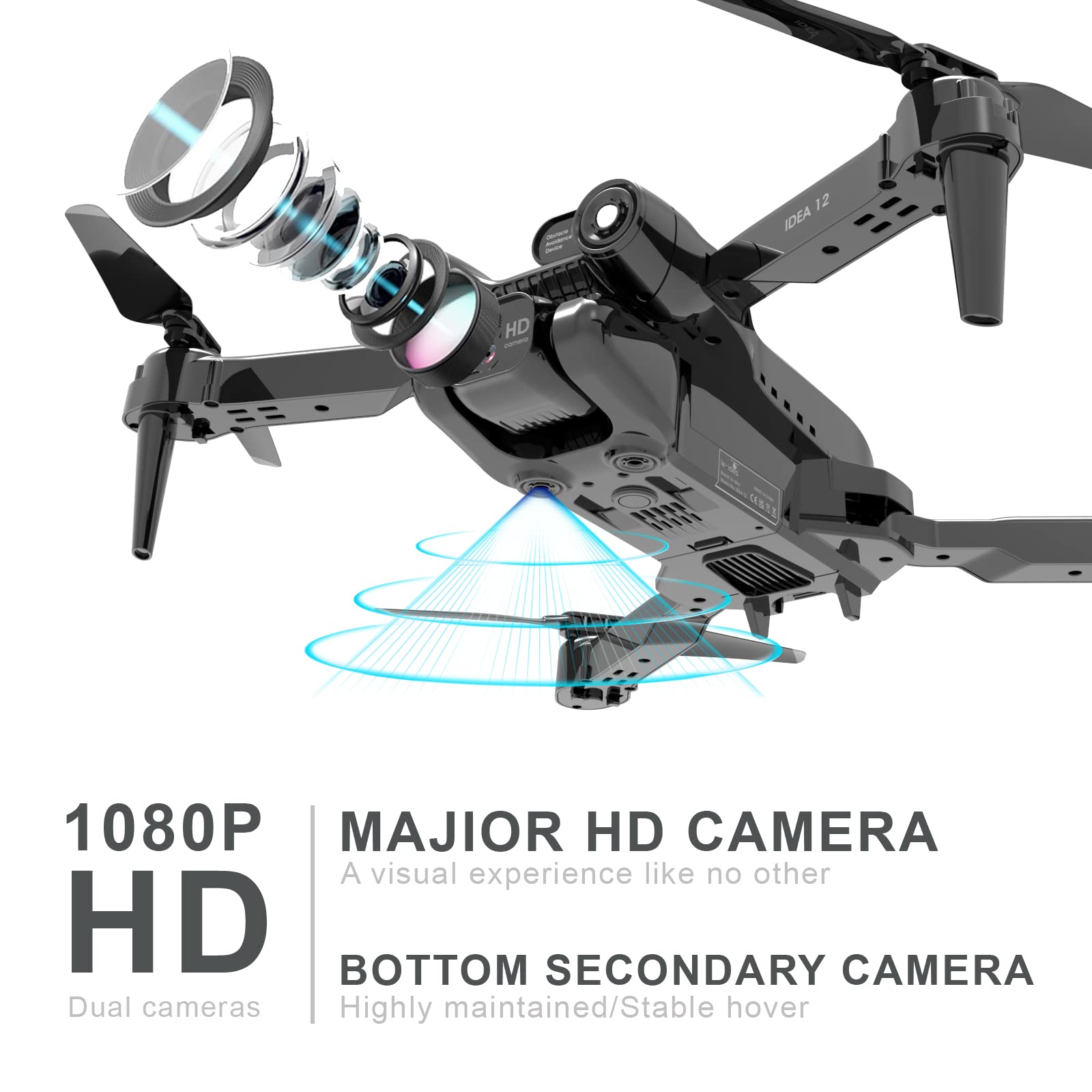 IDEA12 Mini Drones with 1080P HD Camera for Adults and Beginners, Foldable FPV RC Drone Quadcopter with 360° Active Obstacle Avoidance, Dual Cameras, 2 Batteries Helicopters Gifts