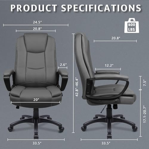 LEMBERI Office Desk Chair, Big and Tall Managerial Executive Chair, High Back Computer Chair, Ergonomic Adjustable Height PU Leather Chairs with Cushions Armrest for Long Time Sitting (Dark Grey)