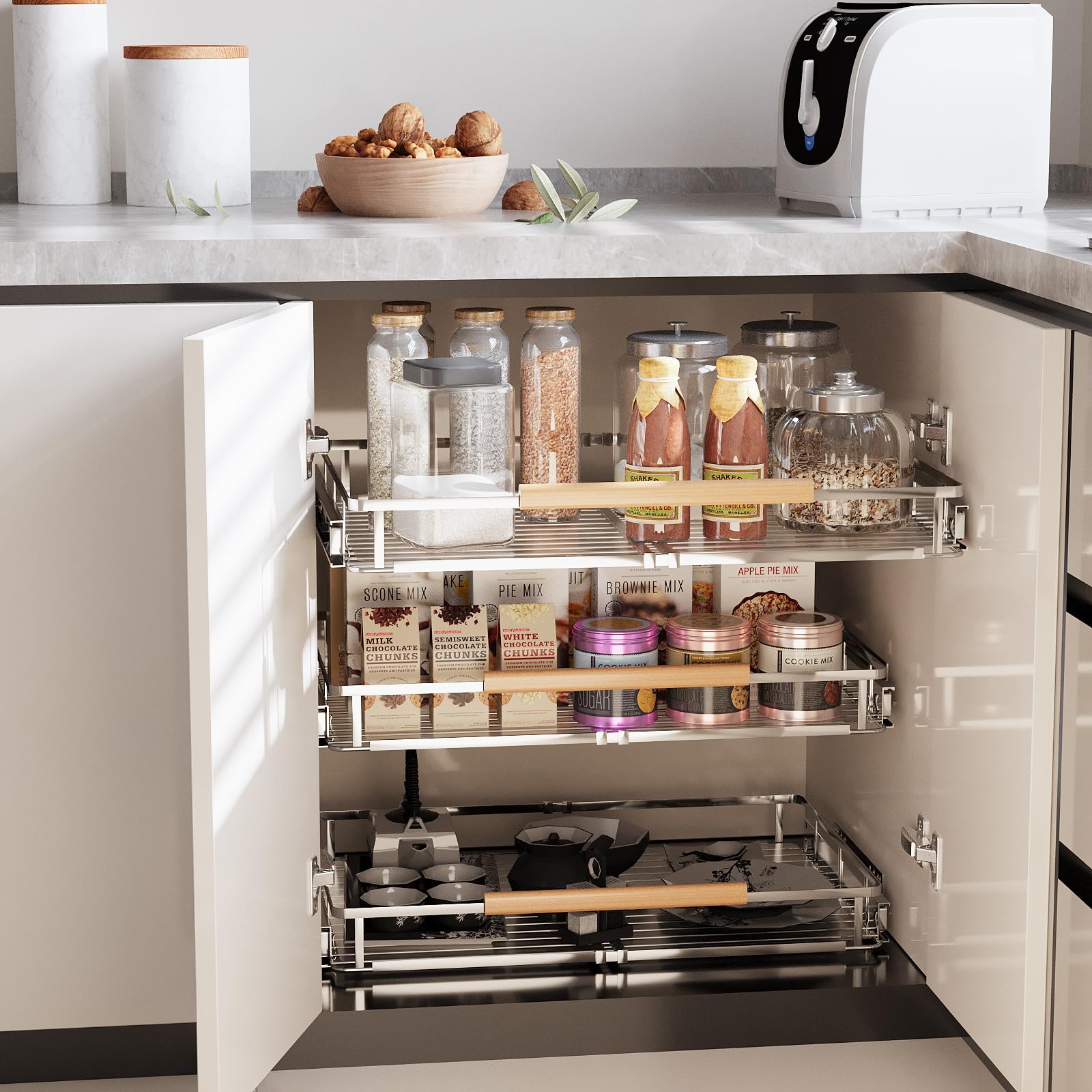jkxoo Expandable Pull Out Cabinet Organizer, Closet Organizers and Storage 11.8~18''W x 17.3''D Heavy Duty Under Sink Storage Basket Slide Out Cabinet Shelves for Kitchen, Bathroom, Pantry
