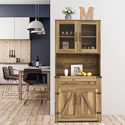 WESOME Farmhouse Bar Cabinet for Liquor and Glasses with Barn Door and Drawer, Liquor Cabinet Bar for Home/Kitchen/Dining Room, Yellow Walnut