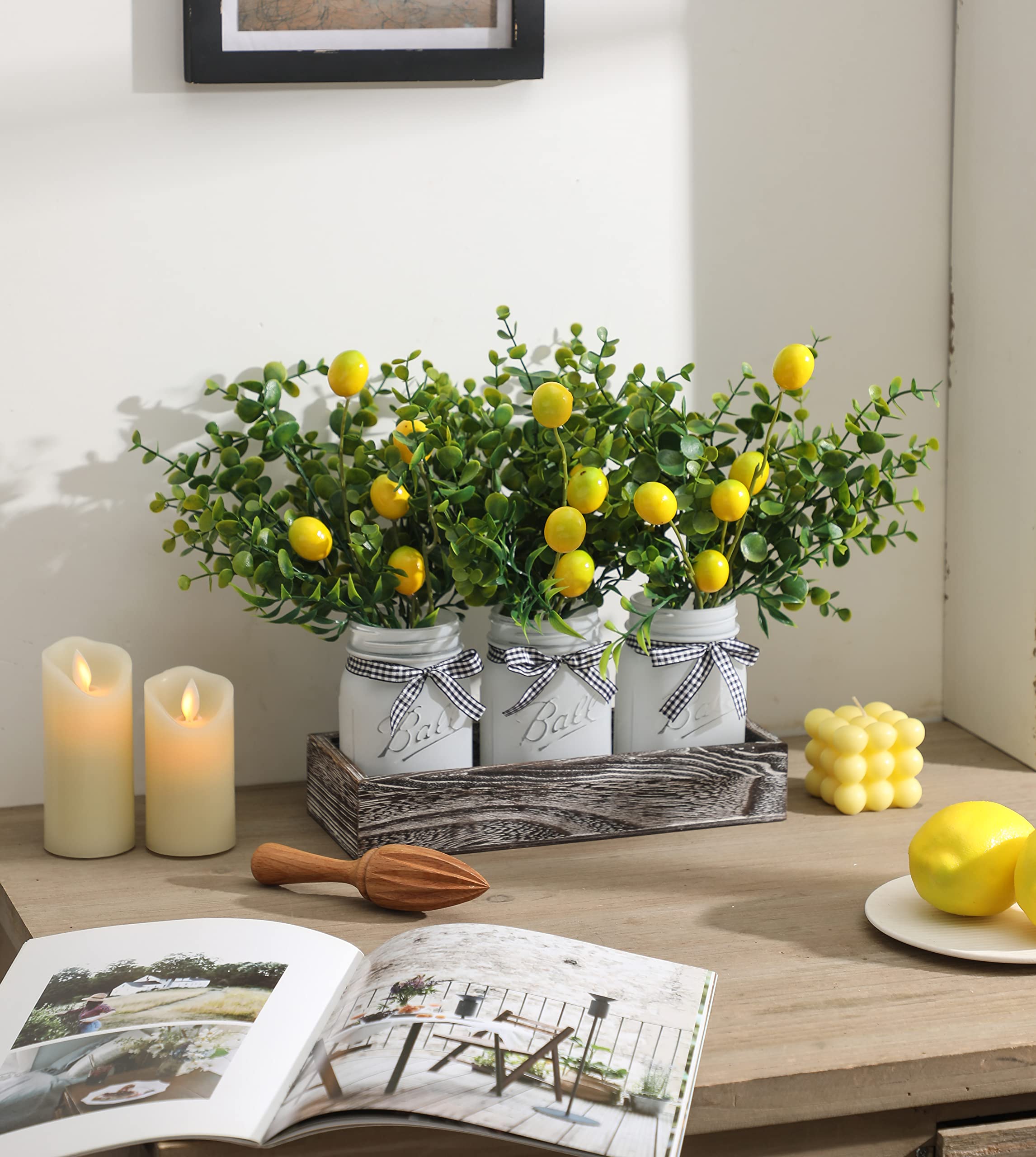 Lemon Mason Jars Centerpiece for Table, Wood Tray with 3 Painted Jars, Dining Coffee Table Centerpiece For Kitchen, Living Room, Spring Mason Jar Decor with Lemon