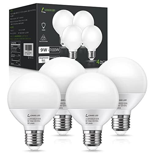 LOHAS G25 LED Globe Light Bulbs, 9W(100W Equivalent) Vanity Light Bulbs for Bathroom, 5000K Daylight White Bright Mirror Lights, E26 Base, 850LM Perfect for Makeup Dressing Table, Non-Dimmable, 4 Pack