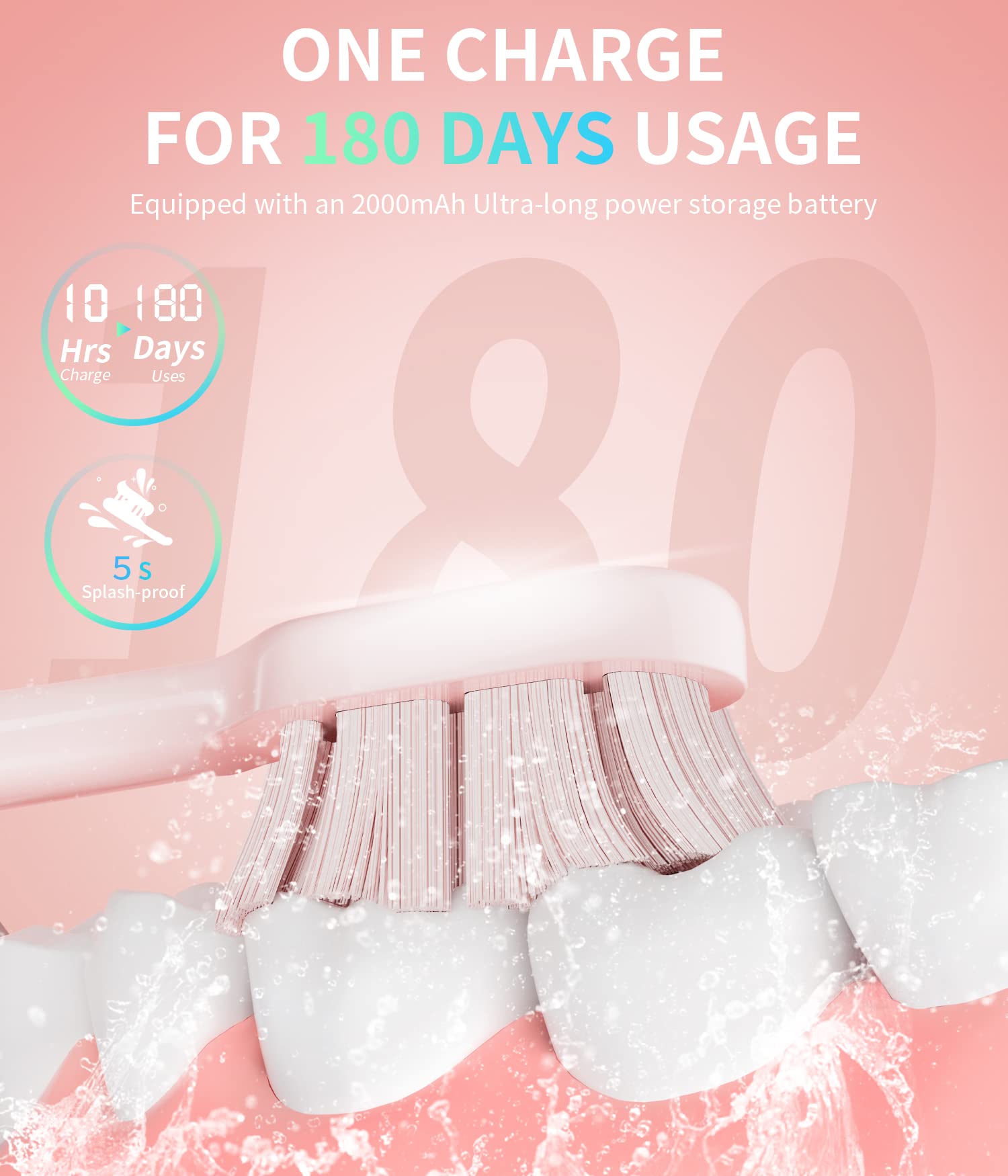 TINSSON Sonic Electric Toothbrush for Adults and Kids with 8 Replacement Brush Heads, Rechargeable Tooth Brush 5s Splash-Proof Fast Charge for 180 Days with 5 Modes, 2 Minute Smart Timer, Pink