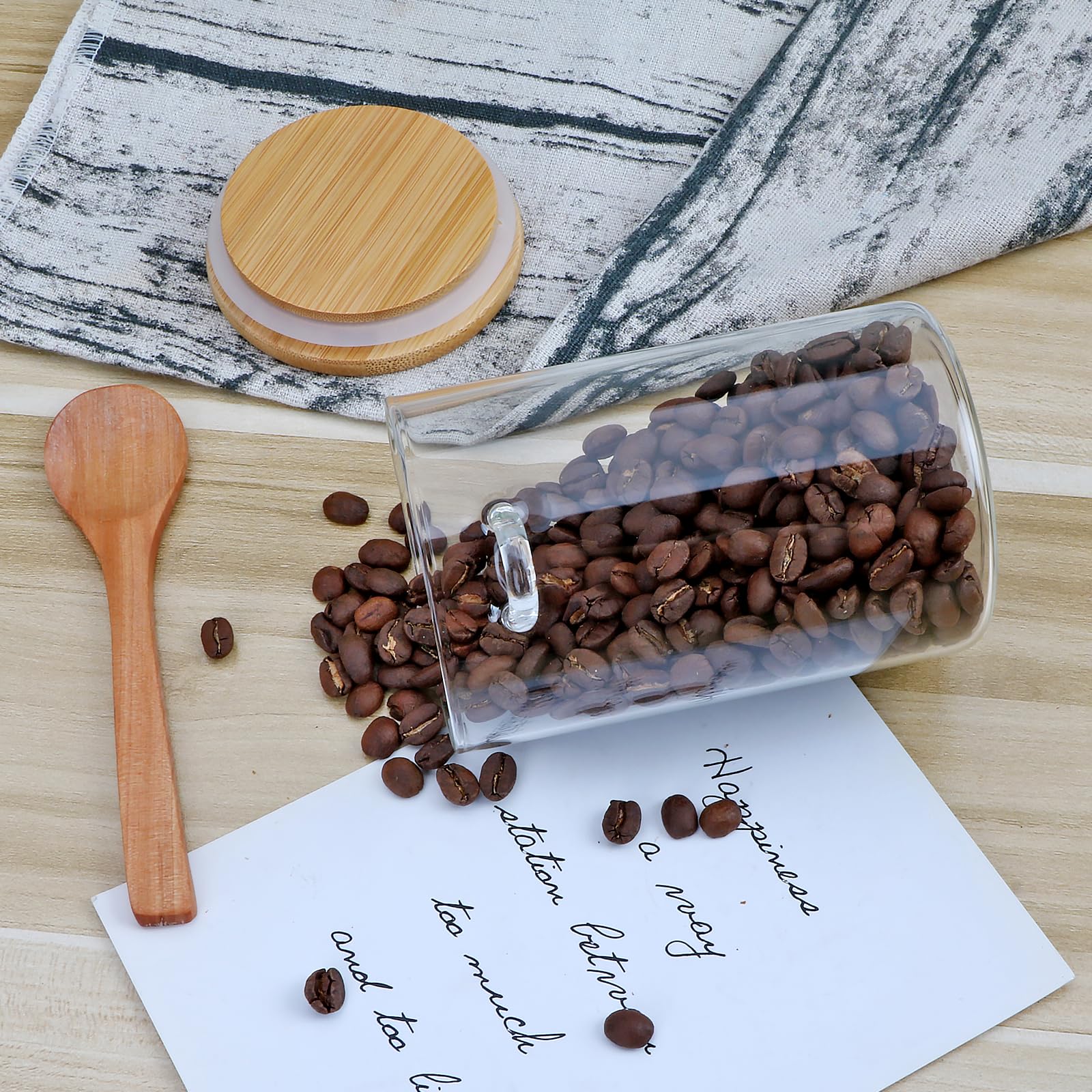 Mapoxy 4 Pack Airtight Glass Jars with Bamboo Lid and Spoons, 16 Oz Food Storage Container Sealed Overnight Oats Canisters for Flour, Coffee, Sugar, Tea, Beans, Cookies, Candy, Cereal, Nuts, Spices