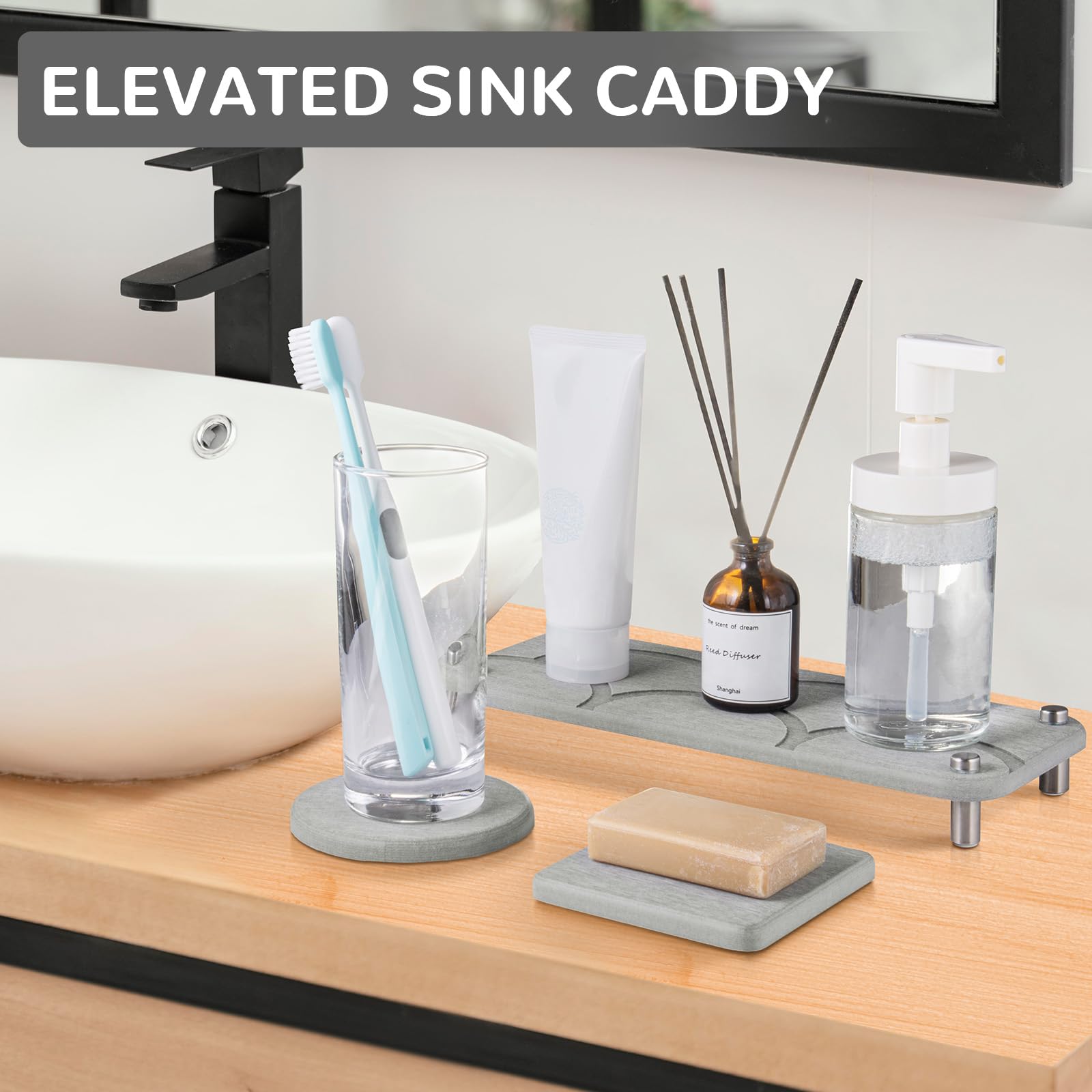 lemtrflo Instant Dry Sink Organizer | Bathroom Sink Caddy 11"*4.33" Diatomaceous Water Absorbing Stone Tray for Sink | 2PCS Dish Drying Stone Kitchen Soap Tray Diatomite Coasters for Sink AccessoriesâŚ
