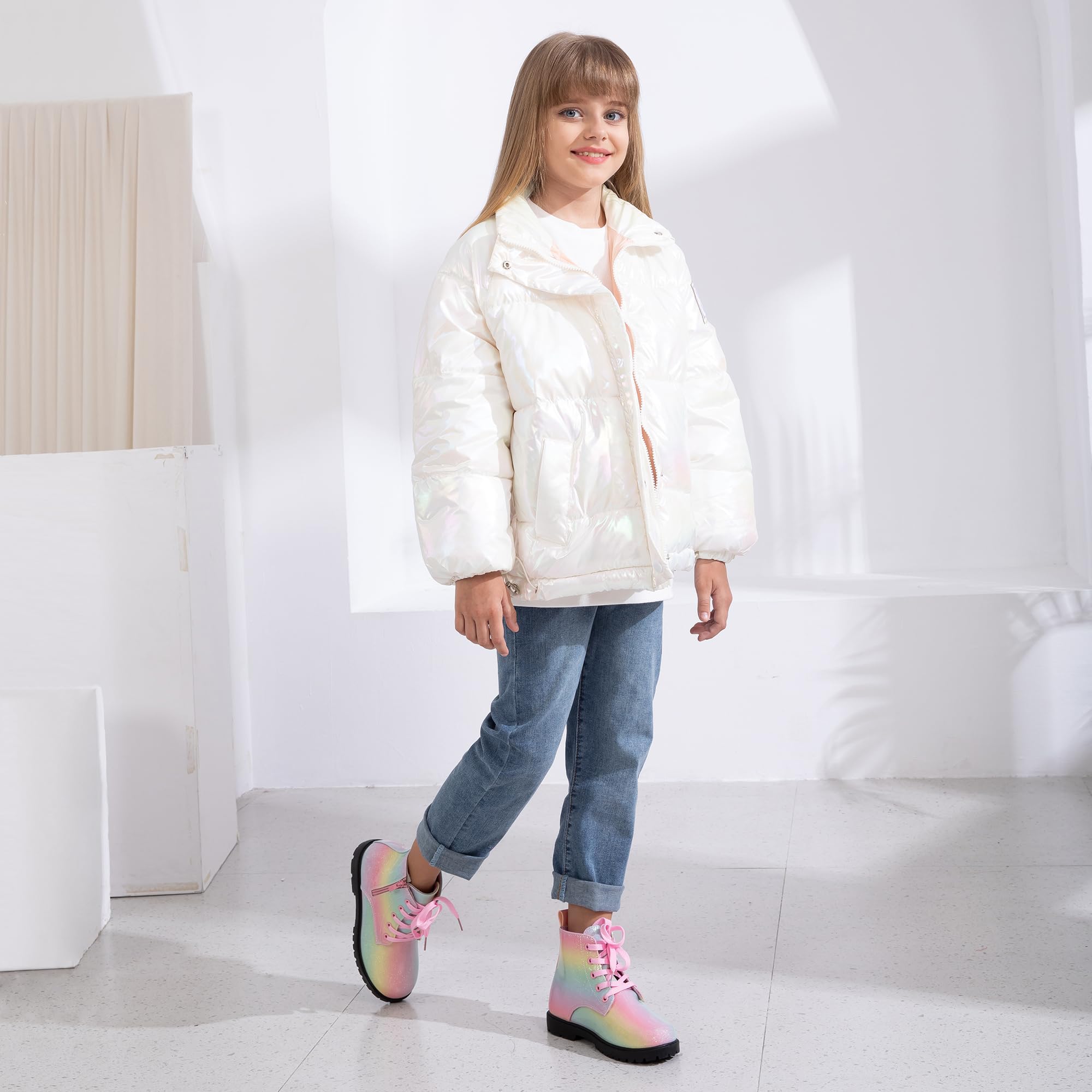 JABASIC Girls Ankle Boot Side Zipper Lace Up Work Boots (2,Rainbow)