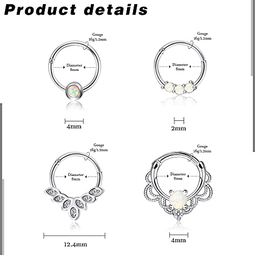 JOERICA Black Daith Earrings 16G Stainless Steel CZ Opal Cartilage Helix Tragus Hoop Earrings Hinged Segment Clicker 8MM Septum Ring Piercing Jewelry