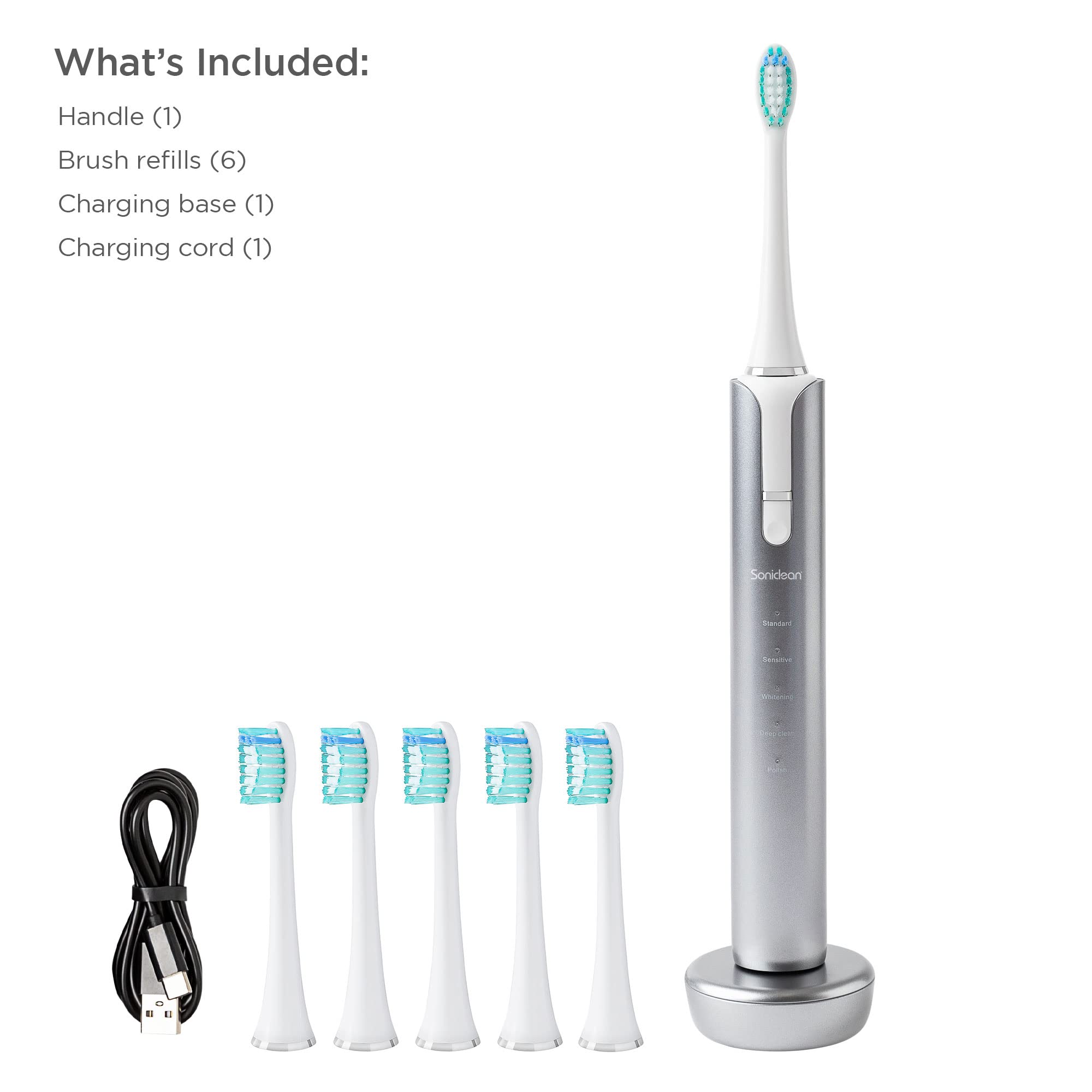 Soniclean Lux Sonic Toothbrush for Adults with 6 Toothbrush Heads, Rechargeable Toothbrush, Automatic Toothbrush, Sonic Toothbrush with Refills, Platinum