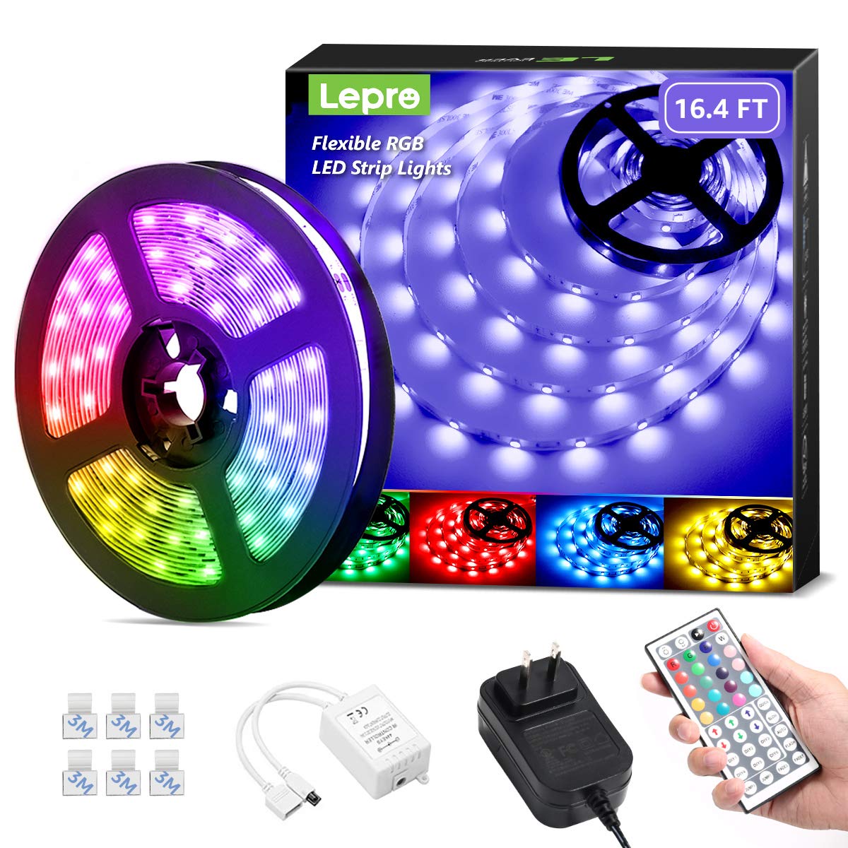 Lepro 16.4ft πππ πππ«π’π© ππ’π π‘ππ¬, RGB 5050 LED Strips with Remote Controller and Fixing Clips, Color Changing Tape Light with 12V ETL Listed Adapter for Bedroom, Room, Kitchen, Bar