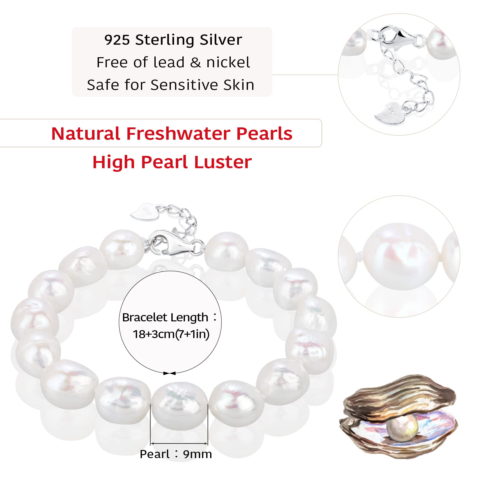 Pearlsays 925 Sterling Silver 9mm Baroque Natural Pearl Bracelets for Women