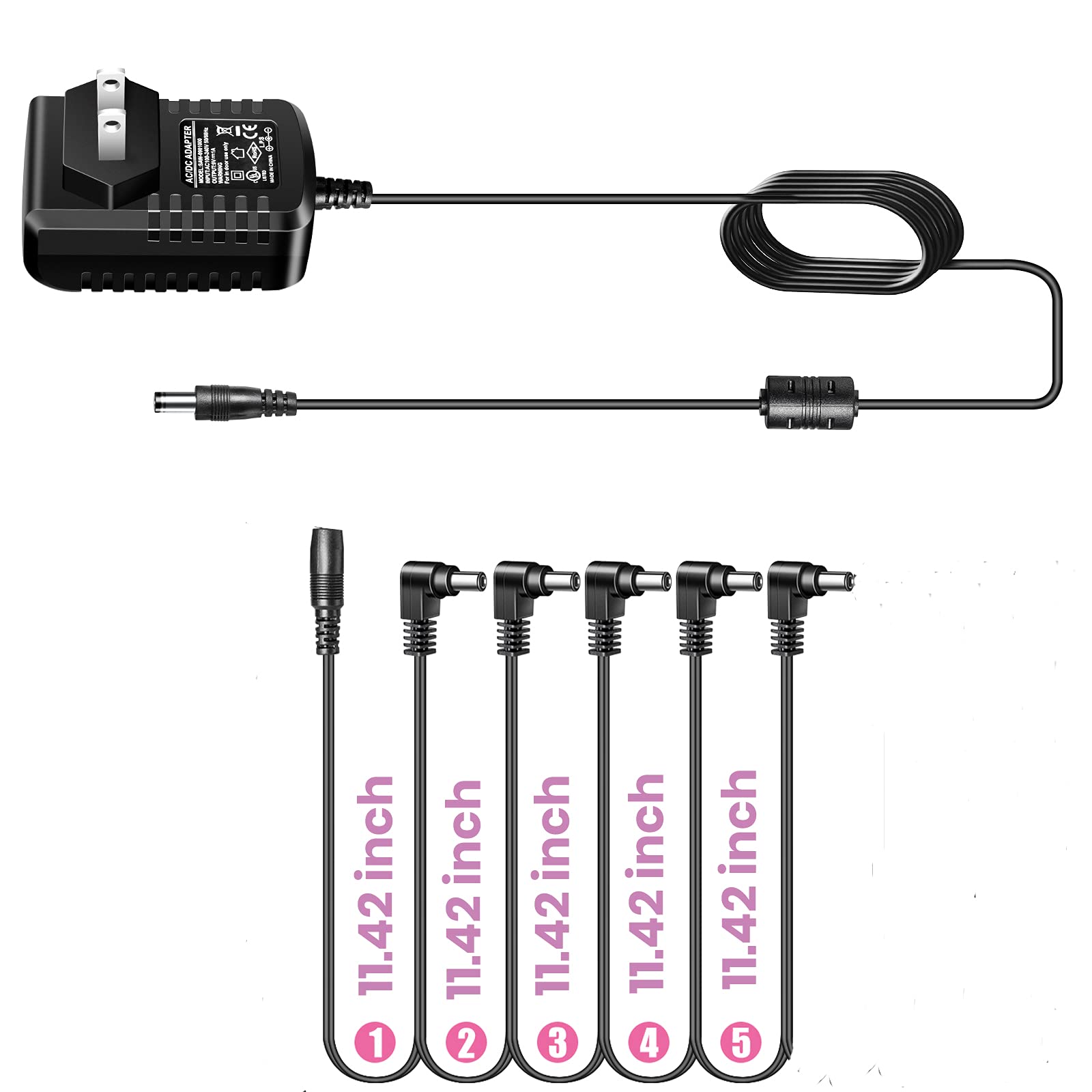 Pigtone Guitar Pedal Power Supply Adapter 9V DC 1A(1000mA) Tip Negative 5 Way Daisy Chain Cables for Effect Pedal