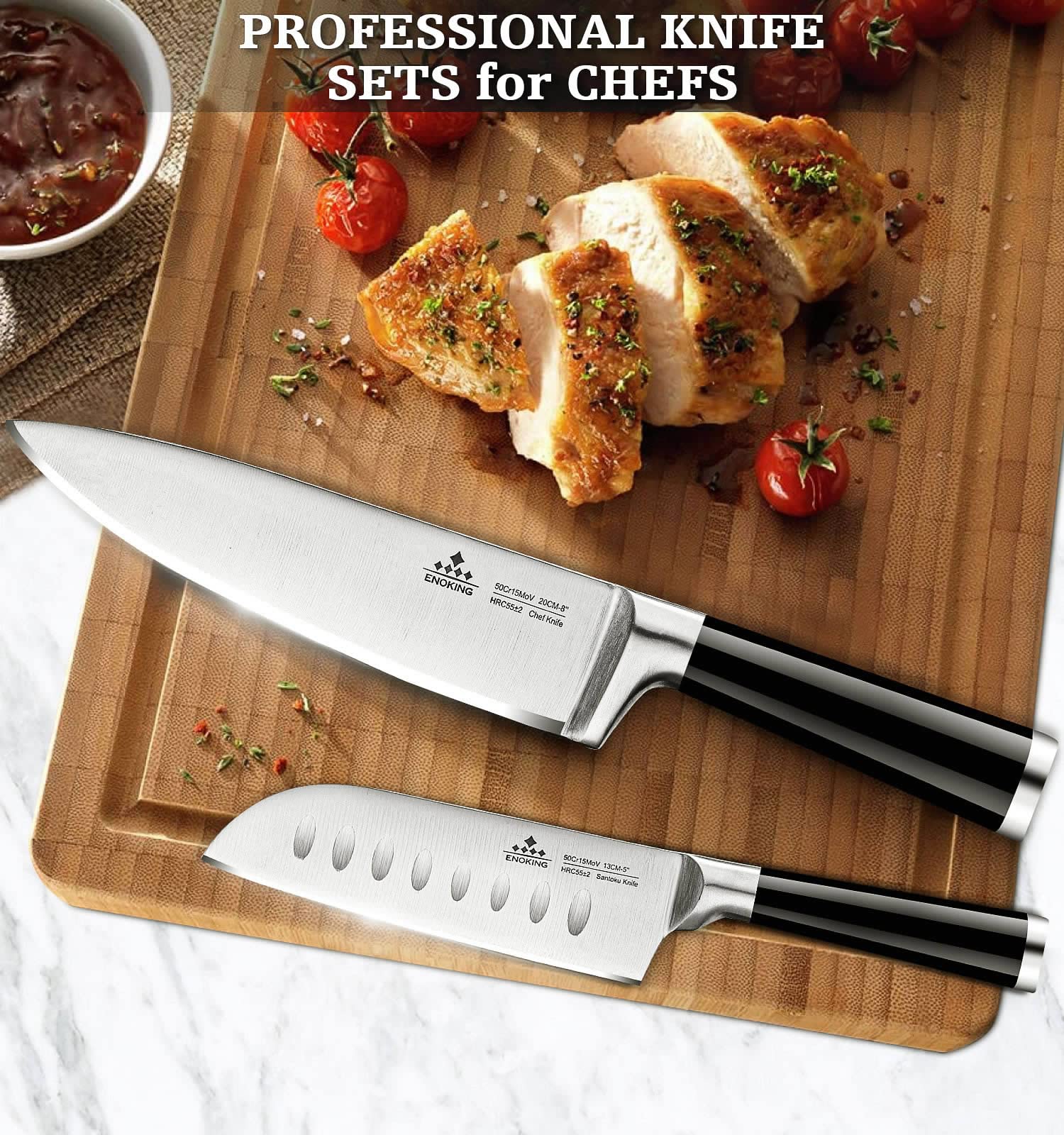 Knife Block Set, ENOKING 8 Pieces Kitchen Knife Set with Independent Sharpener, German Stainless Steel Knives Set for Meat, Vegetables, Fruits, Chopping, Slicing, Dicing & Cutting, Ultra Sharp