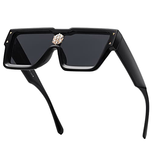SHEEN KELLY Retro Square Sunglasses for Men Women Fashion Thick Flat Top Black Shades Diamond Eyewear