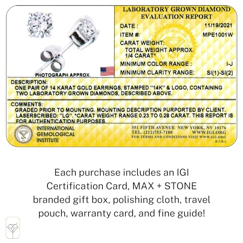 MAX + STONE IGI Certified 1/2 Carat Lab Grown Diamond Stud Earrings in 14k Real White Gold with 4-Prong Setting