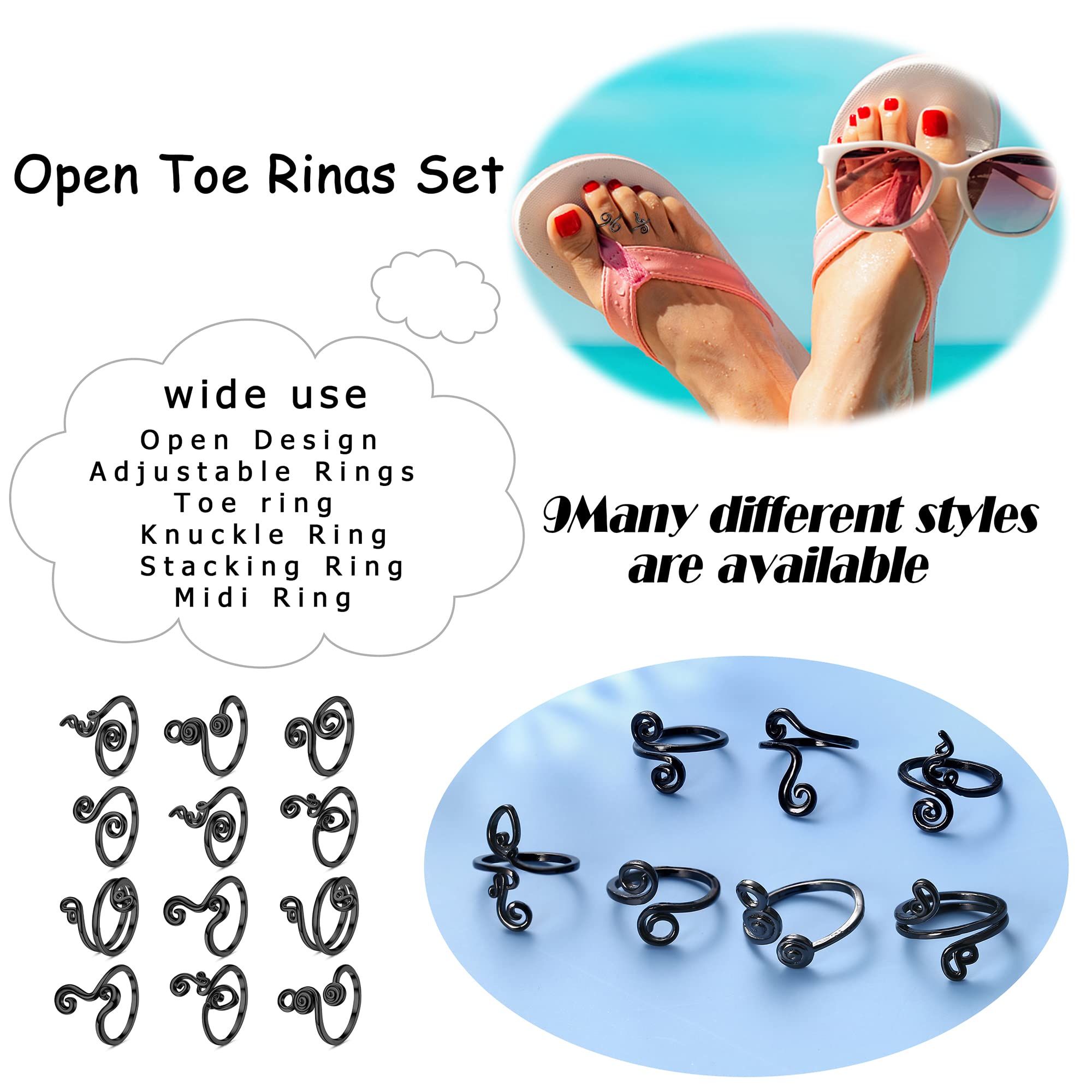 ORAZIO 12Pcs Toe Ring Adjustable Toe Rings for Women Men Summer Open Band Ring Tail Ring Beach Foot Jewelry Set Sliver Tone Black