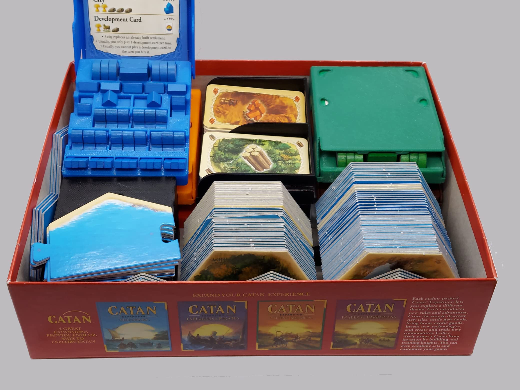 Organizer Insert for Catan Base Game, Seafarers, and Both 5-6 Player Extensions with Player Trays and Card Holder. (Player Trays with Black Organizer)