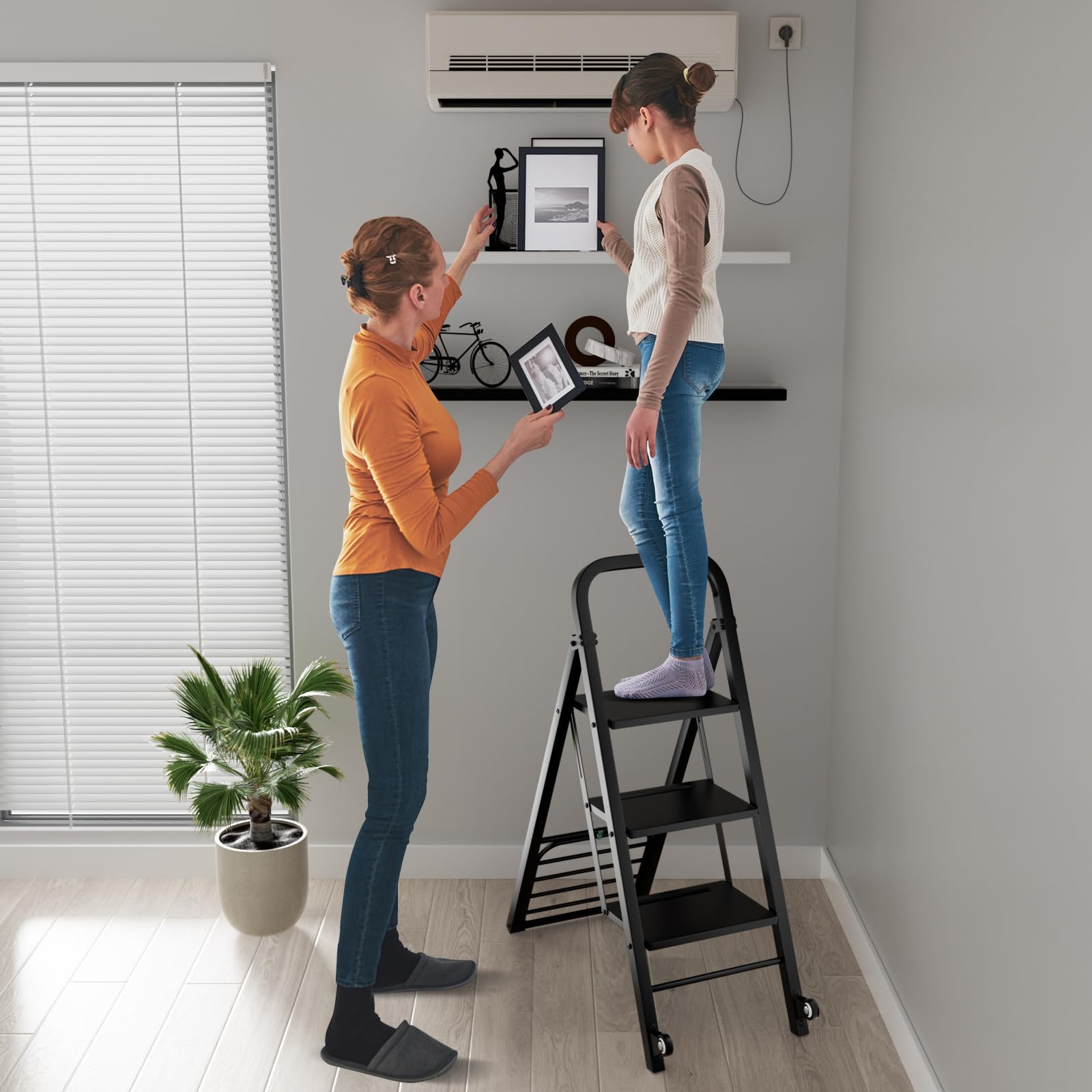 S AFSTAR 2-in-1 Folding Ladder & Hand Truck Combo, 3-Step Step Ladder with Wheels, Convertible Hand Cart with Wide Steps, 550 Max Load, Heavy-Duty Metal Dolly Cart Ladder for Home Office Garage