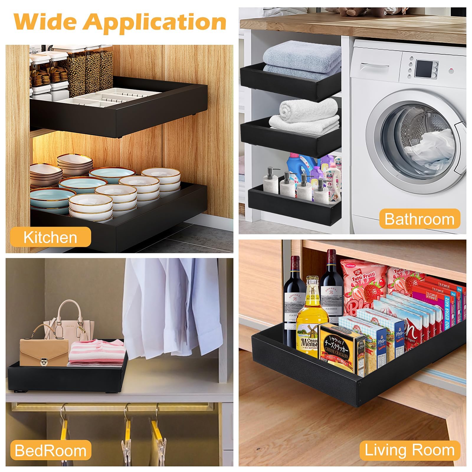 LINGSFIRE Pull Out Cabinet Organizer Carbon Steel Cabinet Pull Out Shelves Kitchen Cabinet Drawers Slide Out Pantry Multi-Purpose Pull-Out Home Organizers For Bathroom (1 Pack) Black
