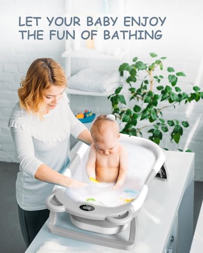 ieBabay Foldable Baby Bathtub Collapsible Bath tub for Newborn to Toddler with Soft Bath Cusion,Portable Travel Bathtub with Drain Hole,Easy to Store(Grey)