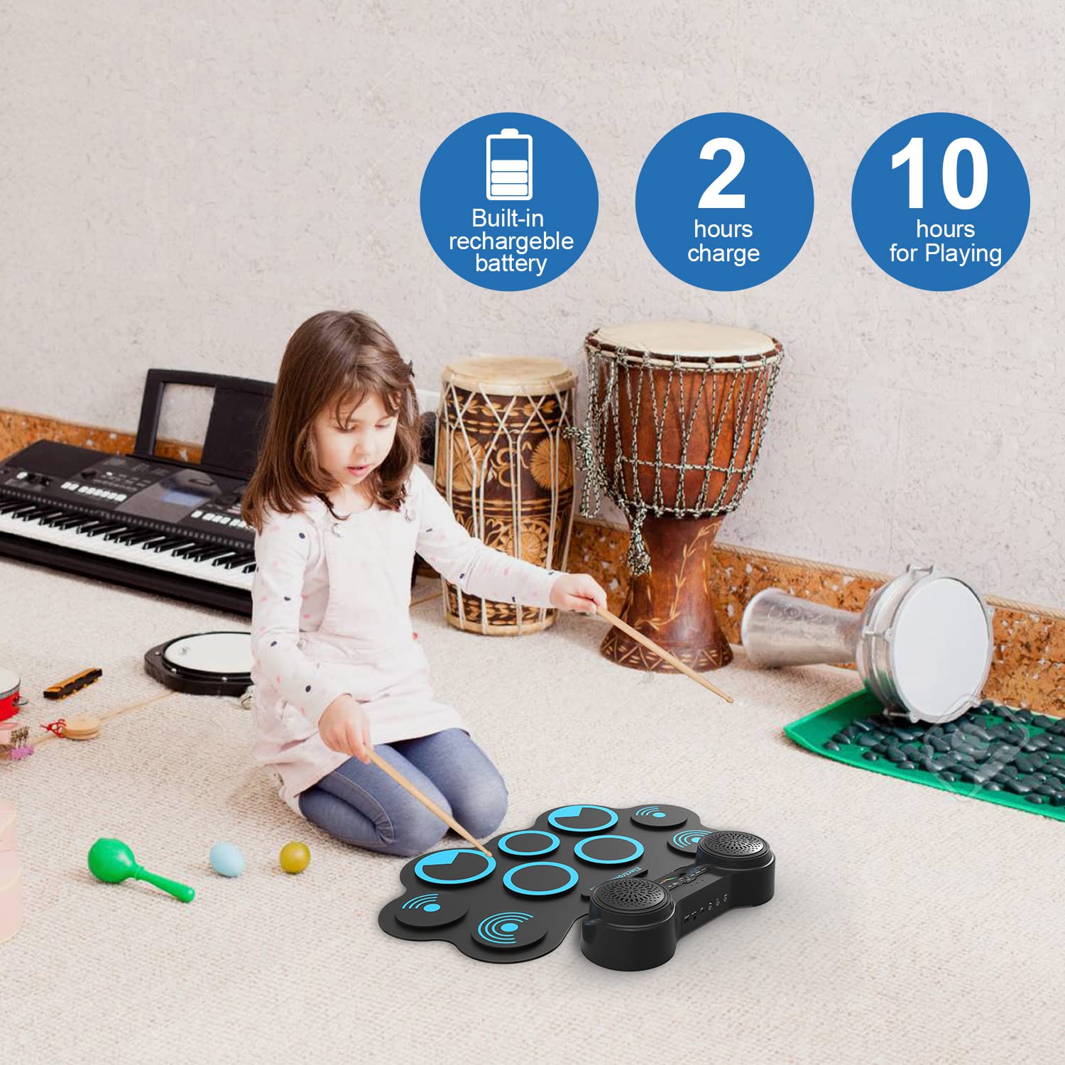 KONIX 9 Pads Electronic Drum Set - Electric Roll Up Drum Practice Pad with LED Screen - Midi Drums Kit Built-in Speaker, MP3 USB Port, Headphone Jack, 8 Demo Songs, Pedals, Sticks, 10 Hours Playtime