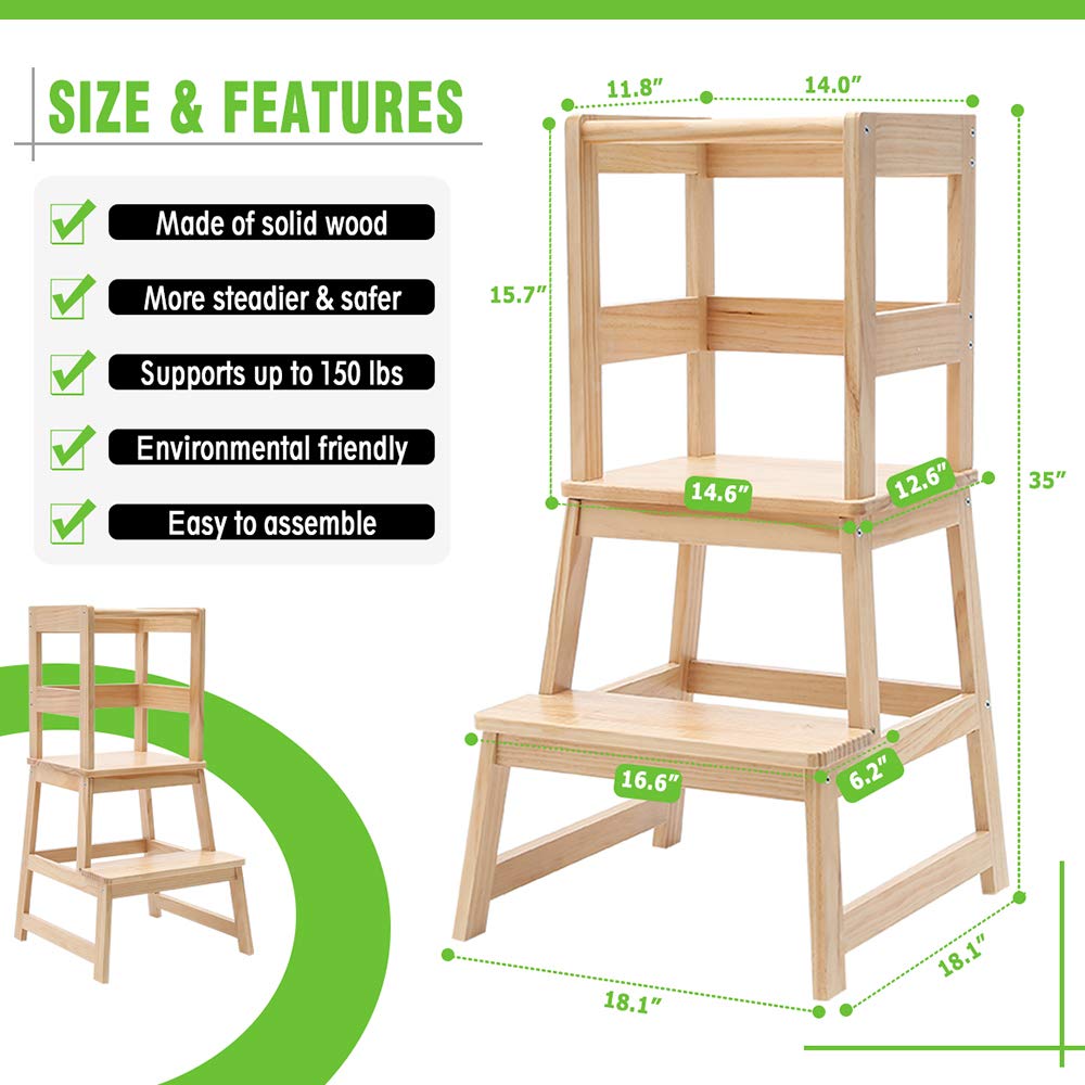 KATARUS Kitchen Step Stool for Kids and Toddlers with Safety Rail Children Standing Tower for Kitchen Counter, Step Up Learning Stool Monthers' Helper, Solid Hardwood Construction, Natural Finish