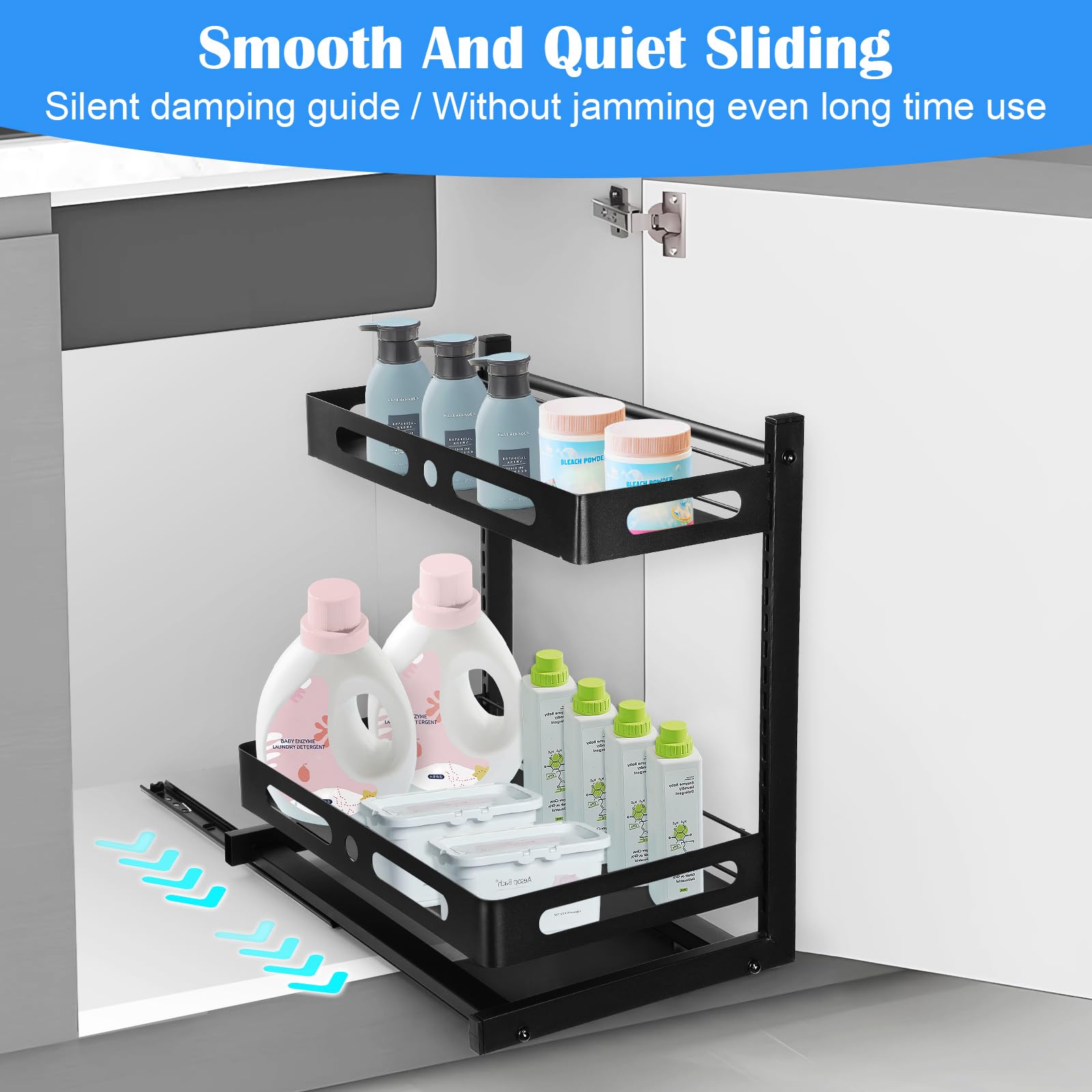 LINGSFIRE Pull Out Cabinet Organizer 2-Tier Under Sink Organizers & Storage Slide Out Pantry Shelves Carbon Steel Under Cabinet Storage Multi Purpose Pull-Out Home Organizers Kitchen Bathroom, Black