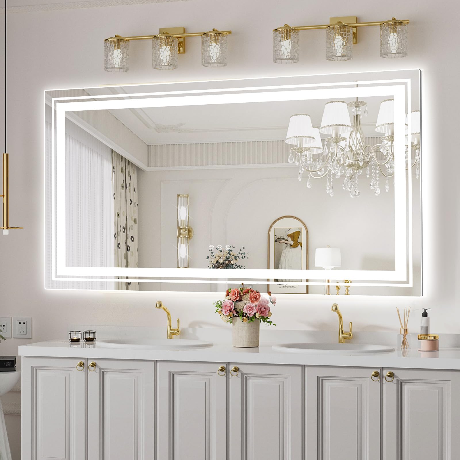 KIURENGT LED Bathroom Mirror 36 * 28" Anti-Fog Wall Mounted Bathroom Mirror, Bathroom Vanity Mirror with Lights with 3 Colors Dimmable, Shatter-Proof, Tempered Glass