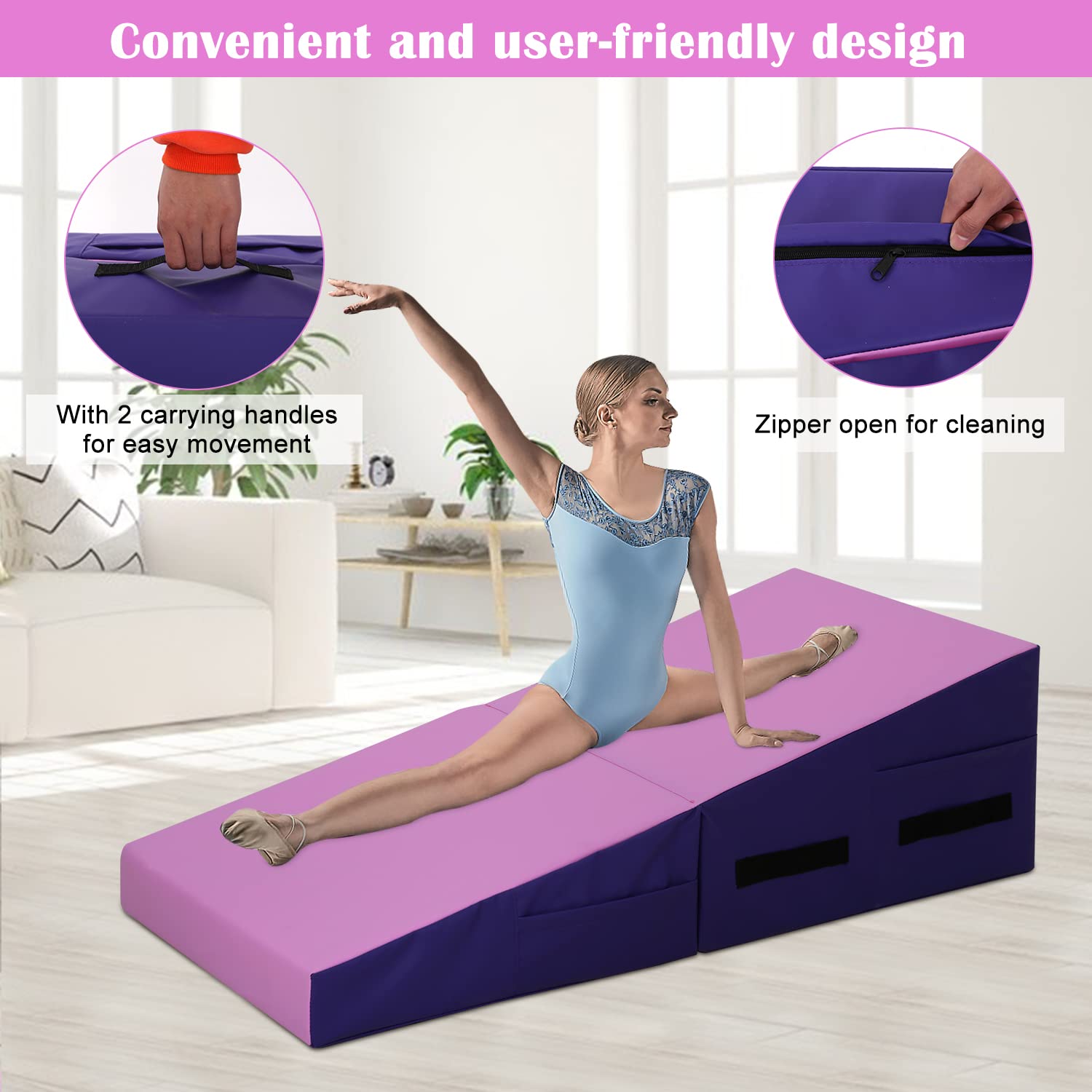 Pink Incline Gymnastics Mat Foldding Gymnastic Tumbling Mat with Handle, Cheese Wedge Gymnastics Tumbling Mat Home Gym Yoga Mat for Women Kids Play, Home Exercise, Aerobics, Gymnastics Training